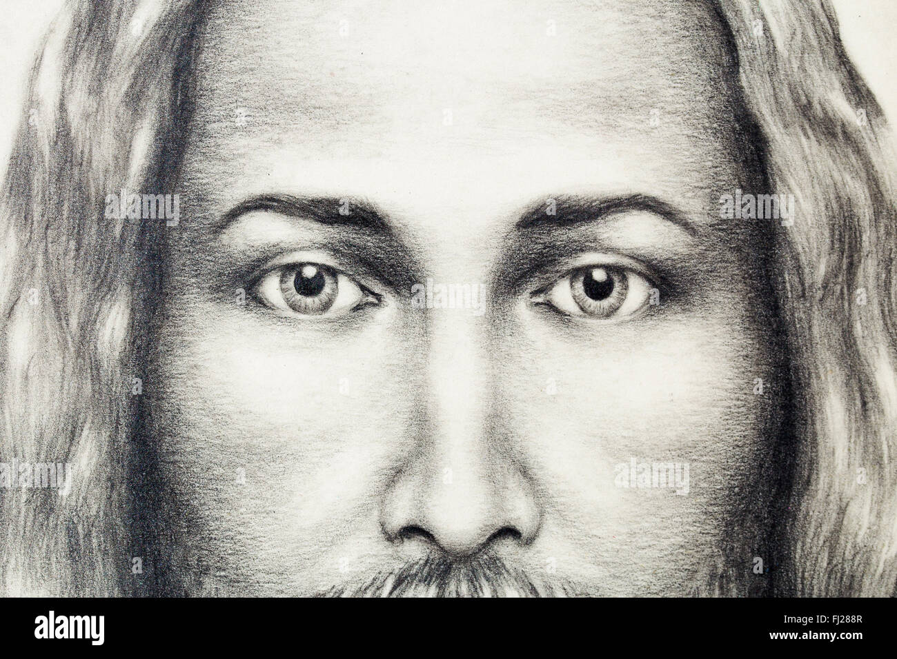 pencils drawing of Jesus on vintage paper. eye contact Stock Photo - Alamy