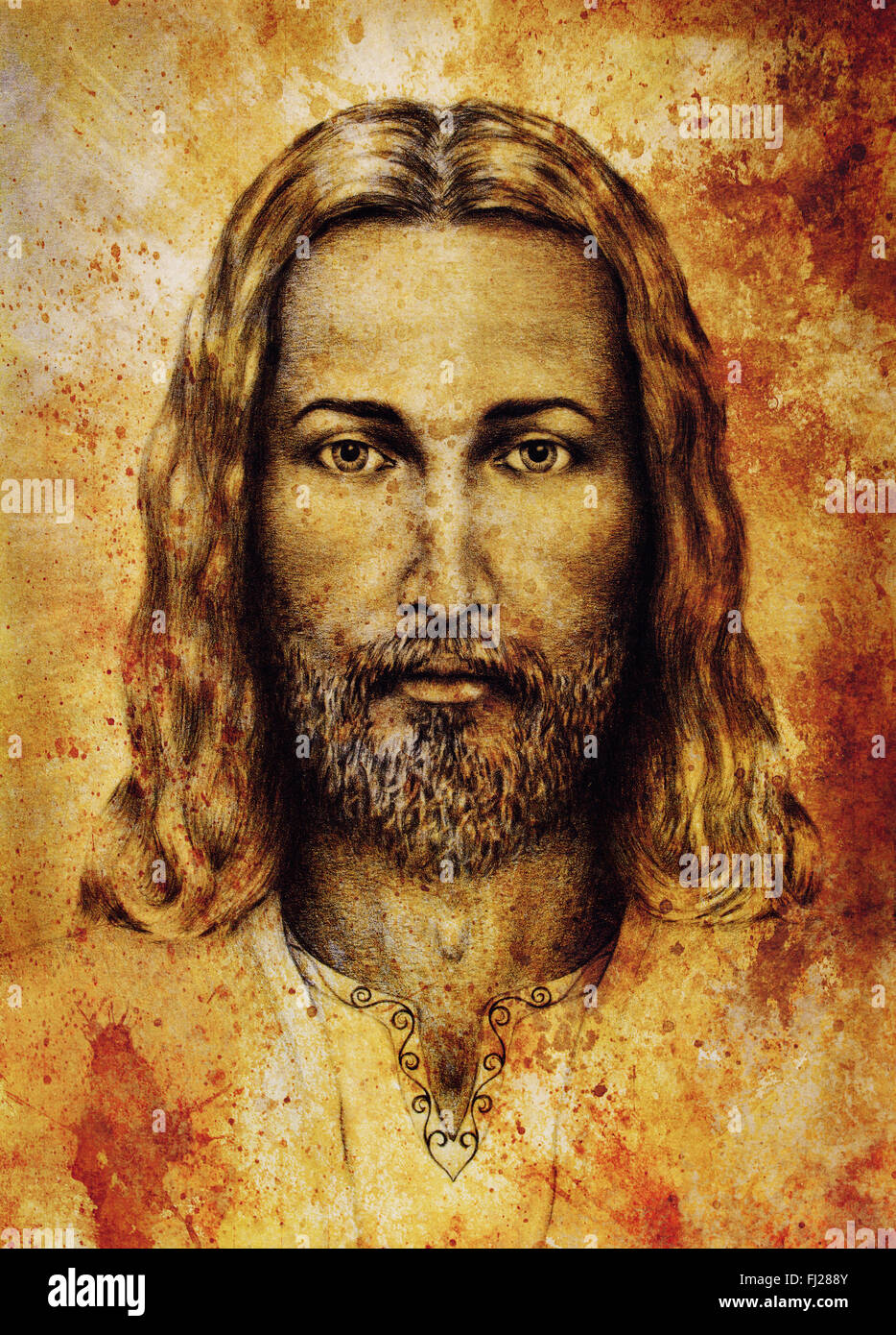 pencils drawing of Jesus on vintage paper. with ornament on clothing ...