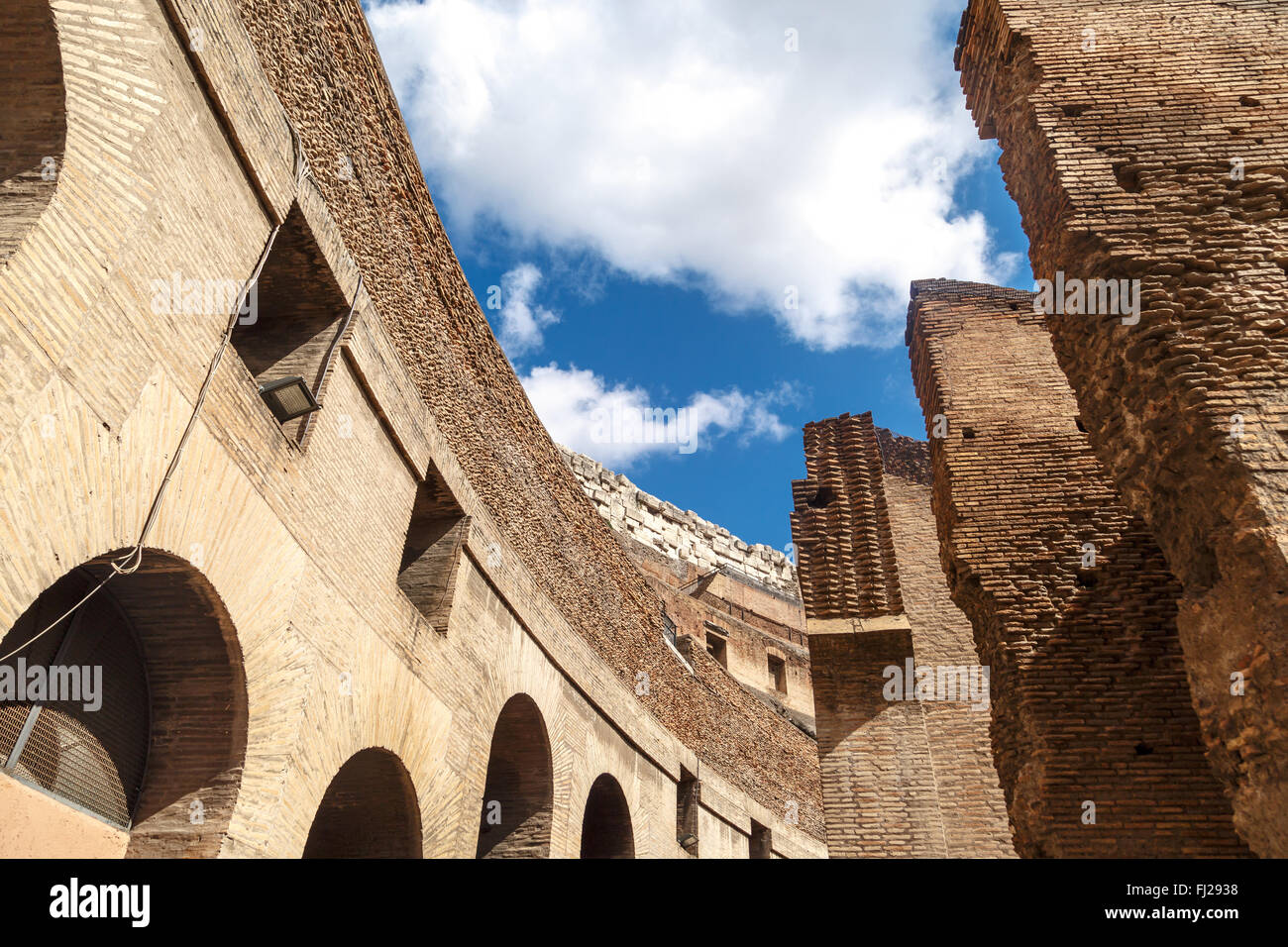Close up detailed inside view of ancient amphitheatre of Colosseum ...