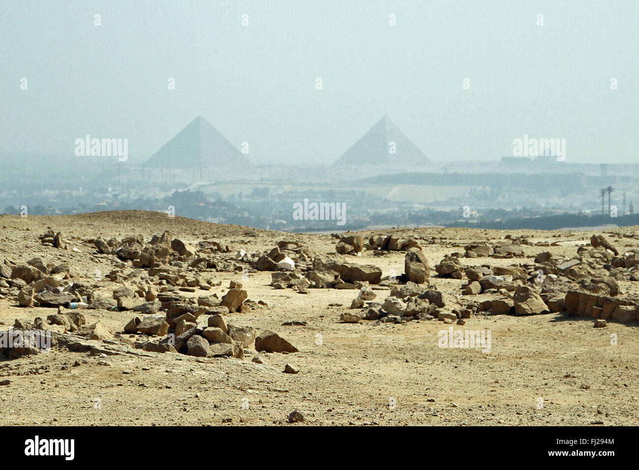 In the distance Giza pyramid complex (L to R) Khufu (Cheops), Khafre ...