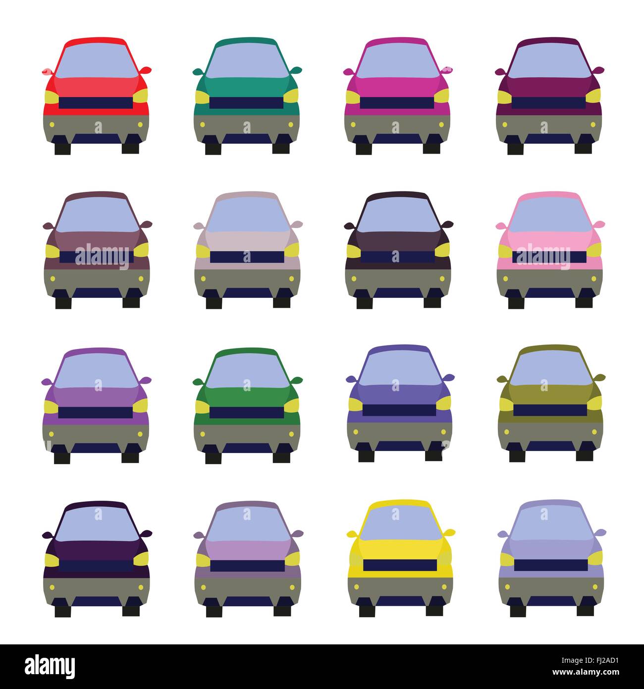 Sixteen Vehicles Front View. Car icons set. Digital vector flat ...