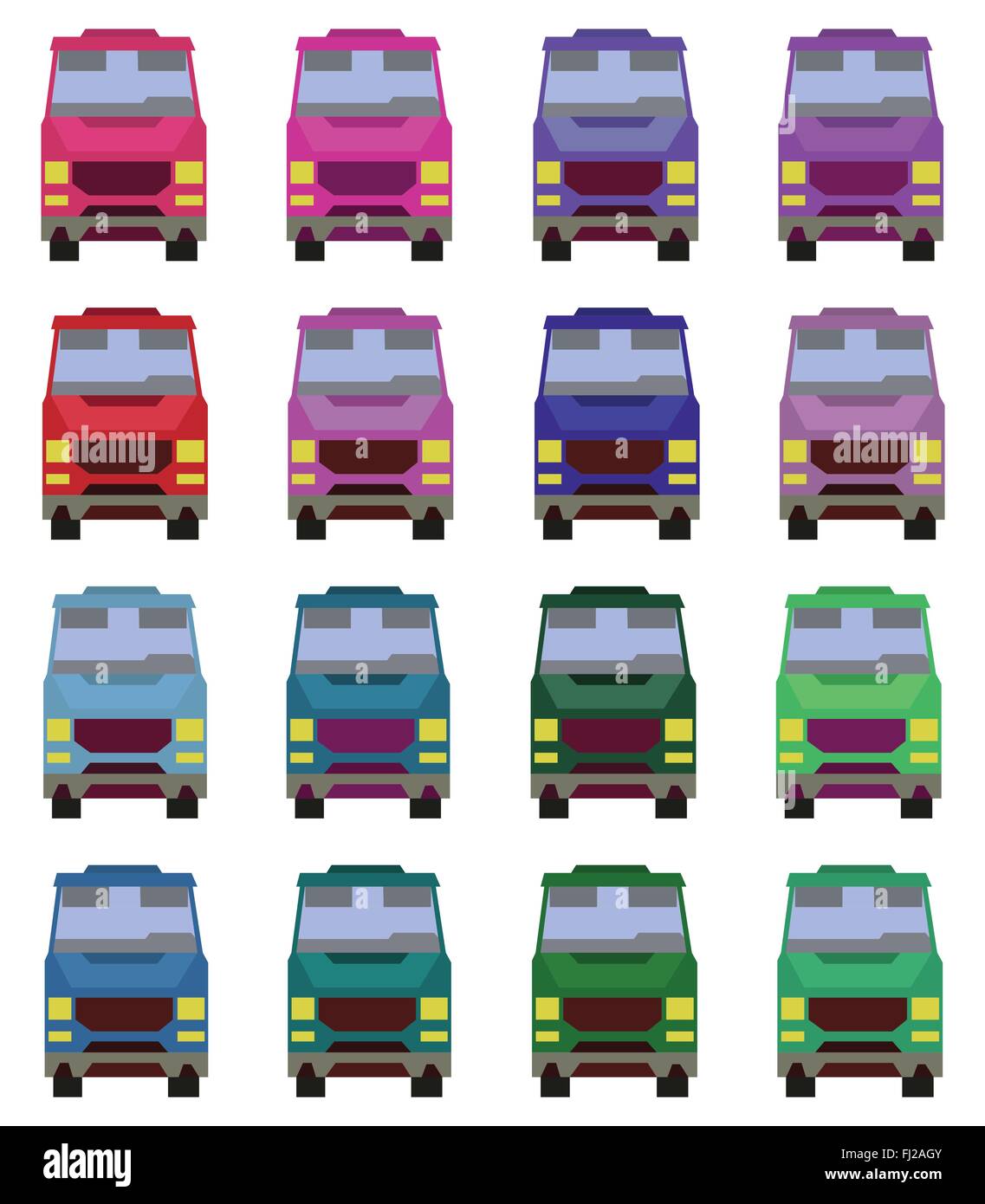 Sixteen Vehicles Front View. Car icons set. Digital vector flat ...