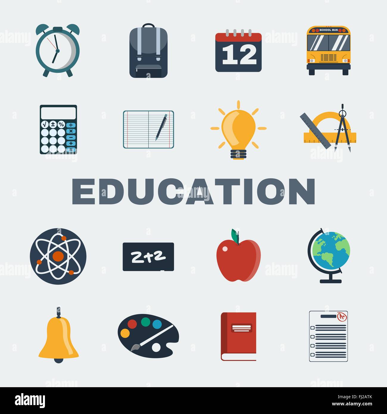 School Education Round Icons Set. Different objects used in daily life ...