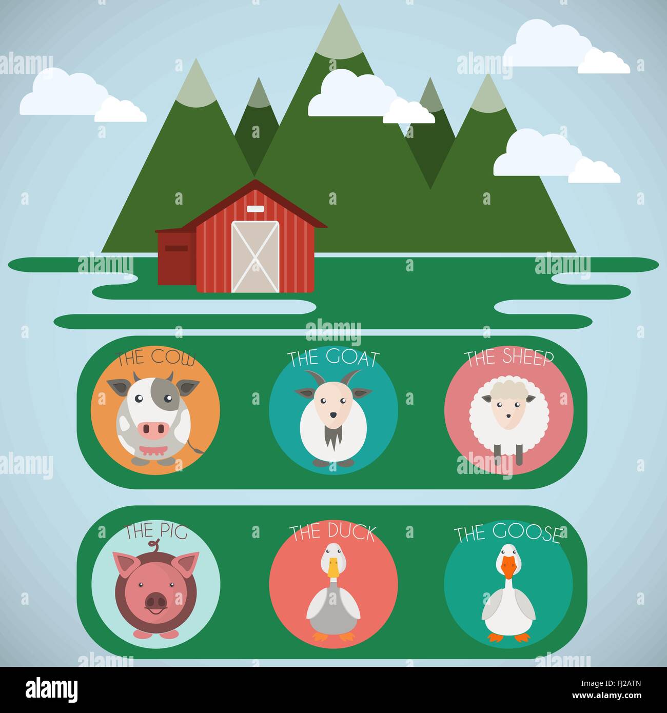 Farm Animals and Birds Round Icons Set. Cow, Goat, Sheep, Pig, Duck and ...