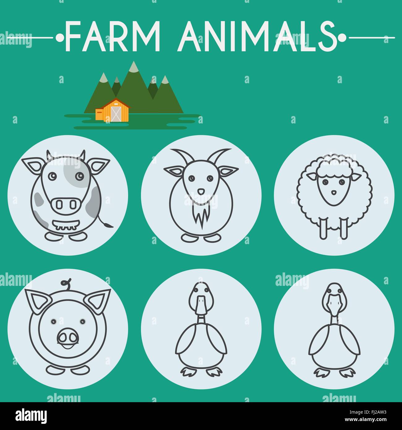 Farm Animals and Birds Round Icons Set. Cow, Goat, Sheep, Pig, Duck and ...