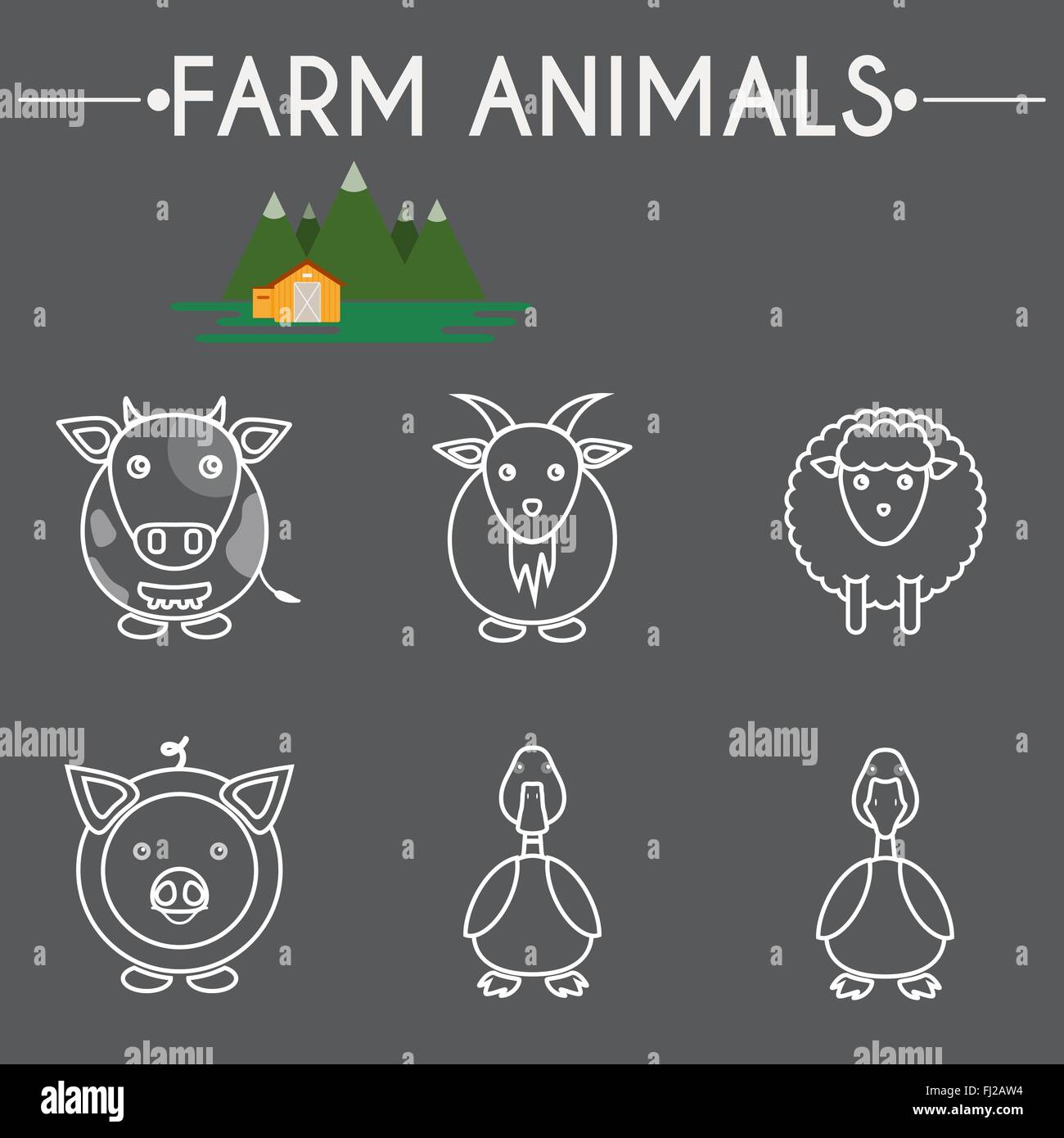 Farm Animals and Birds Round Icons Set. Cow, Goat, Sheep, Pig, Duck and ...