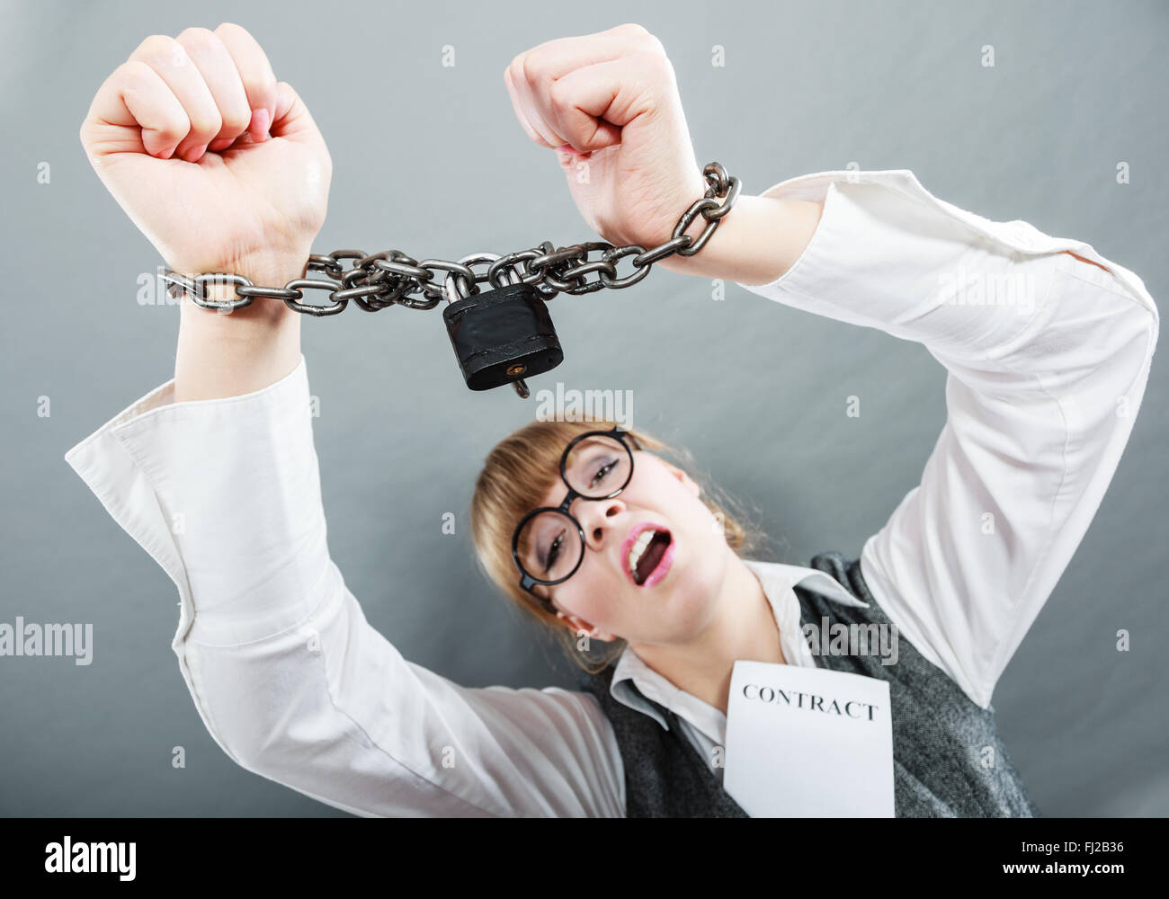 Crime, arrest jail or business concept. Angry unhappy emotional woman ...
