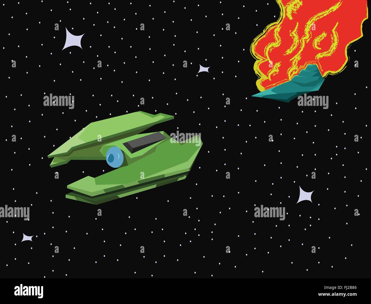 Star Universe Spaceship Battle. Explosion of a Starship in Space. Green ...