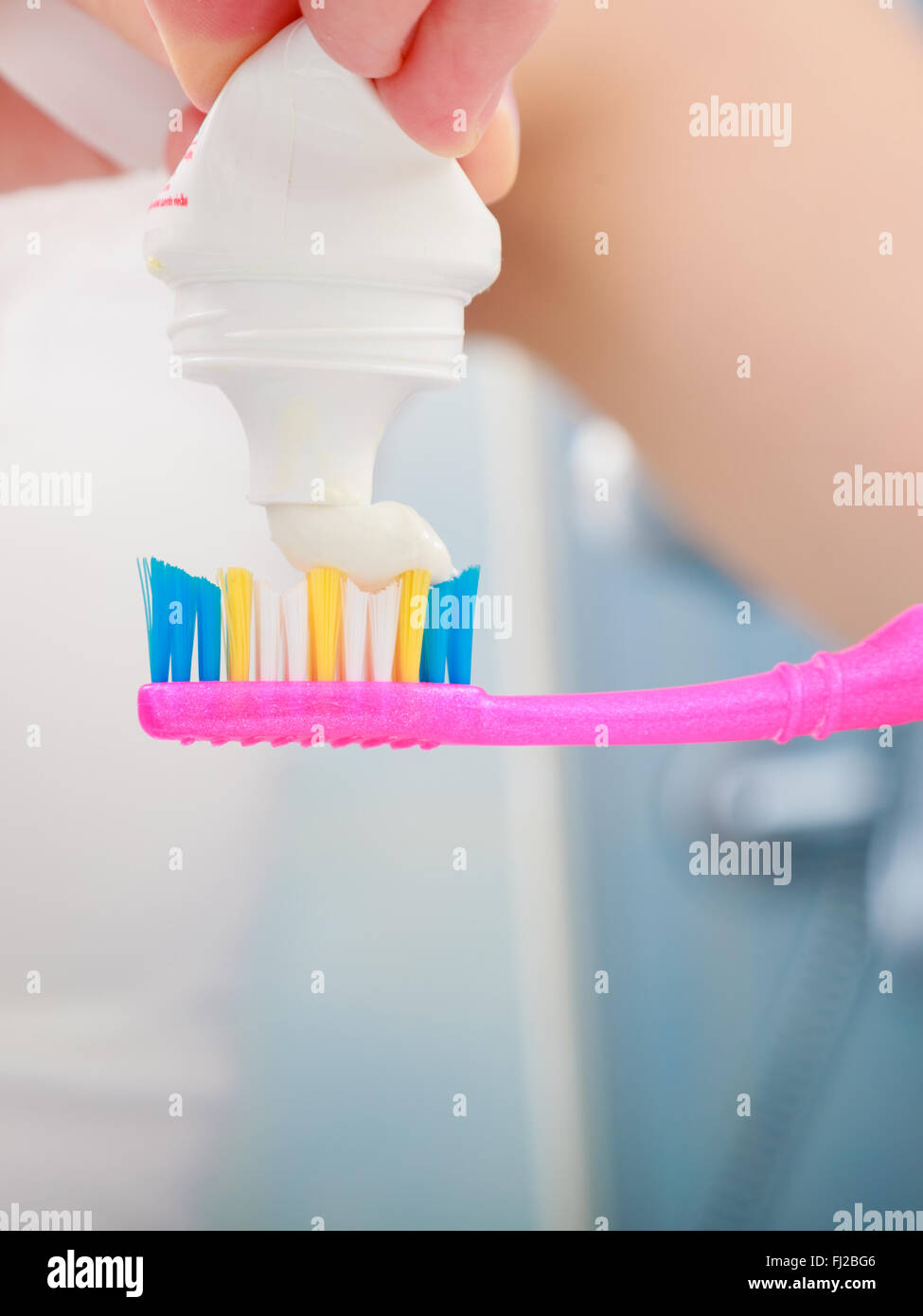 Dental health care. Closeup woman hands is holding toothbrush and ...
