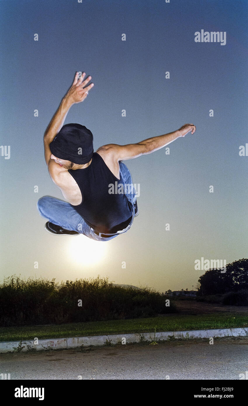 LOS ANGELES, CA – JANUARY 23: Caucasian male performing air stunts in ...