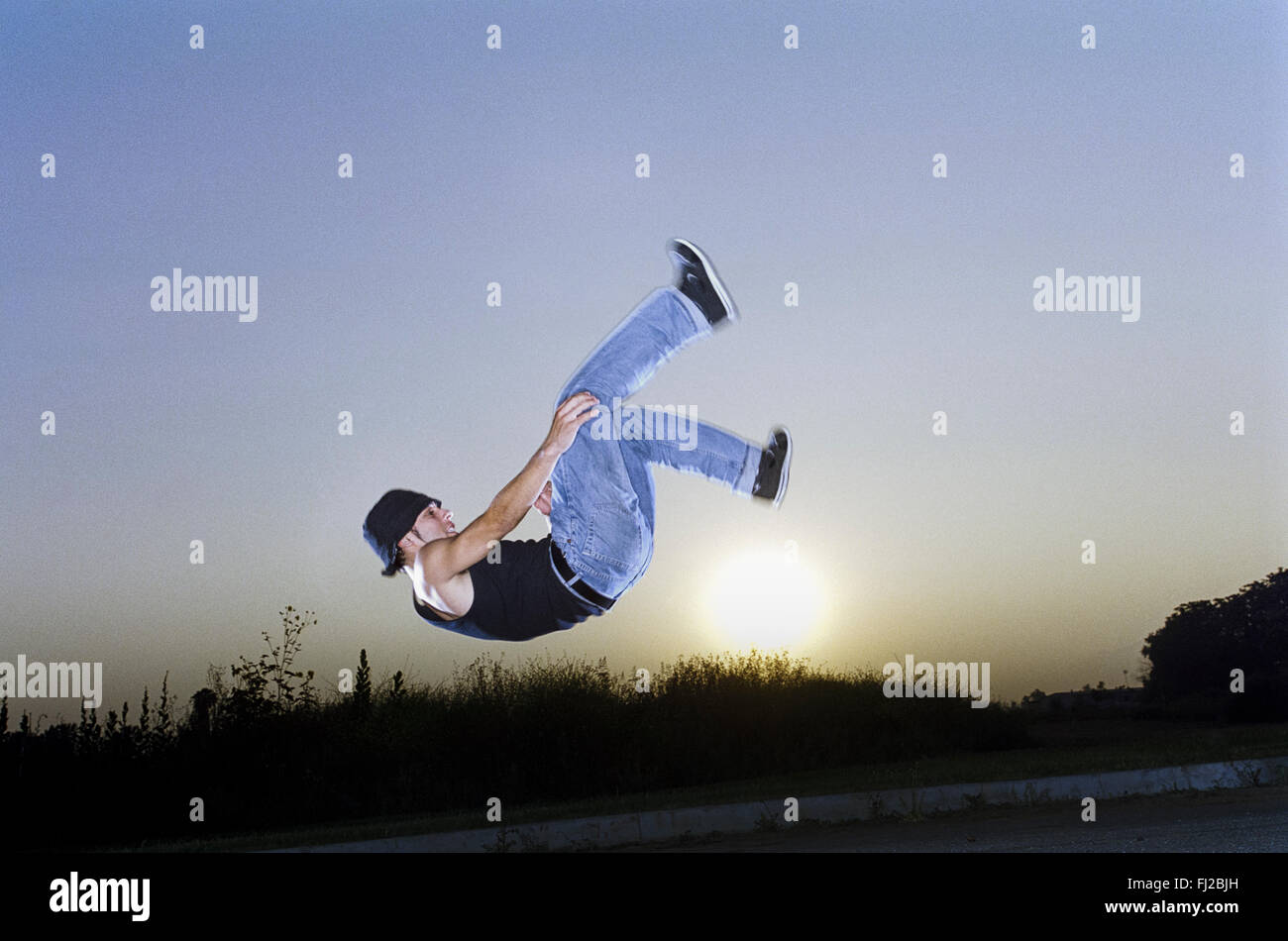 LOS ANGELES, CA – JANUARY 23: Caucasian male performing air stunts in ...