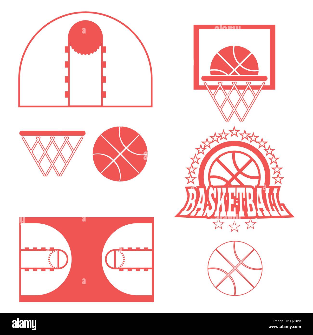 Basketball objects. Ball used for playing a basketball game. Basket for ...