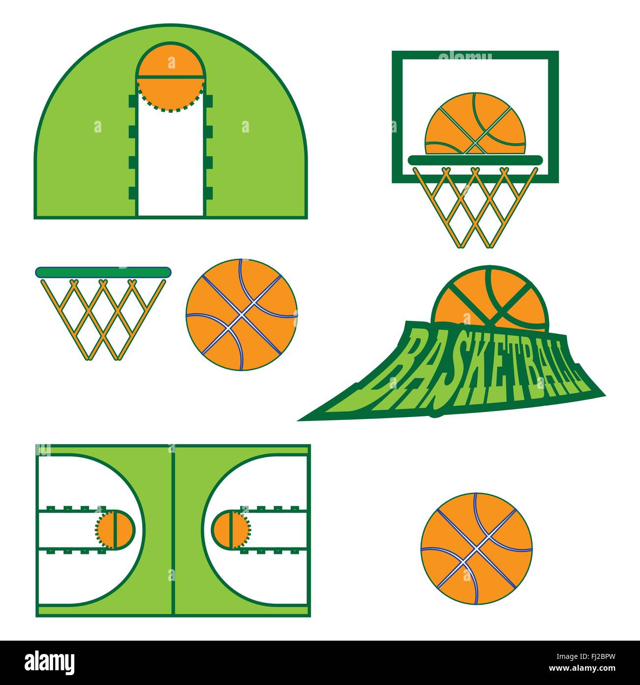 Basketball objects. Ball used for playing a basketball game. Basket for ...