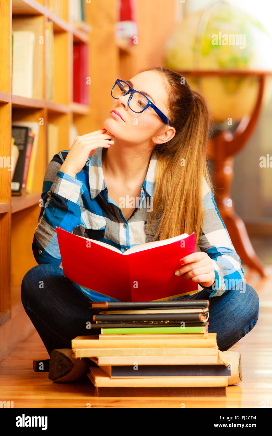 Education school concept. Clever female student long hair girl blue ...