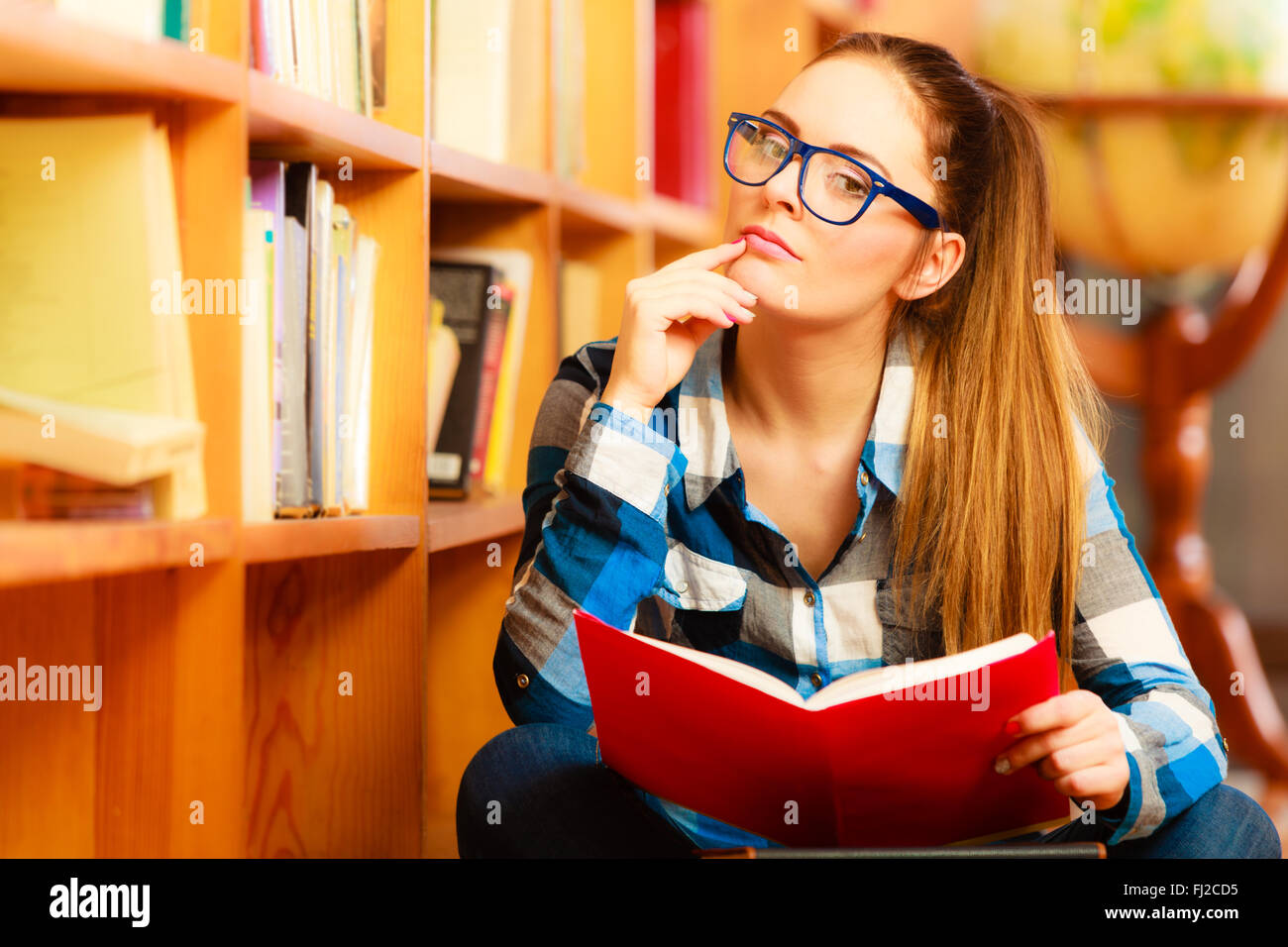 Education school concept. Clever female student long hair girl blue ...