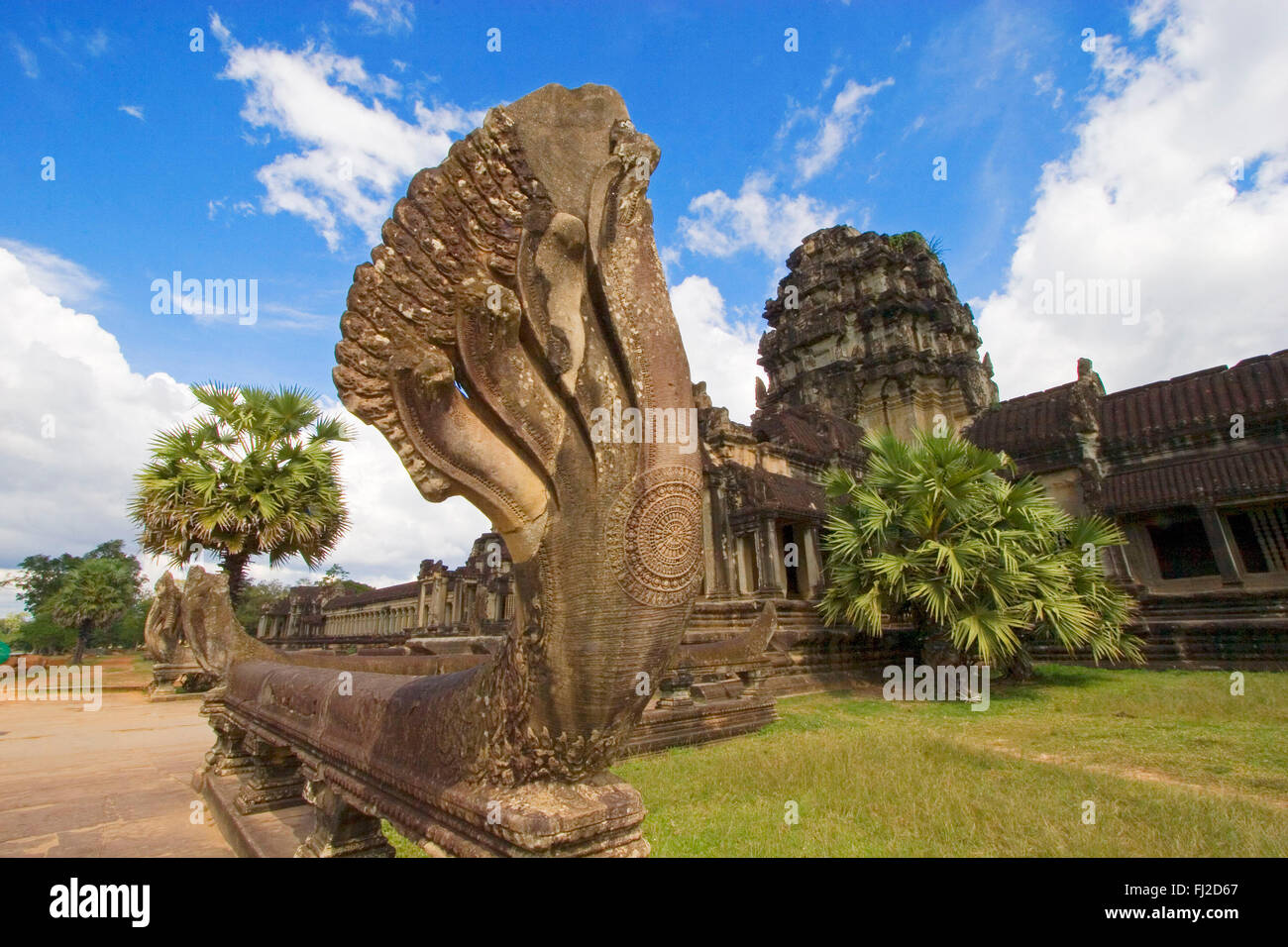 Entry to Angkor Wat with nagas (snakes), built in the 12th century by ...