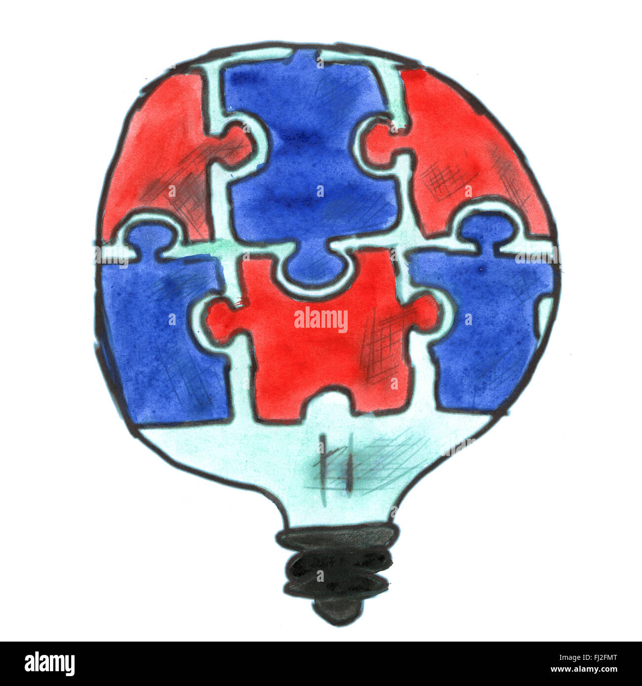 blue and red puzzle in bulb cartoon watercolor isolated Stock Photo - Alamy