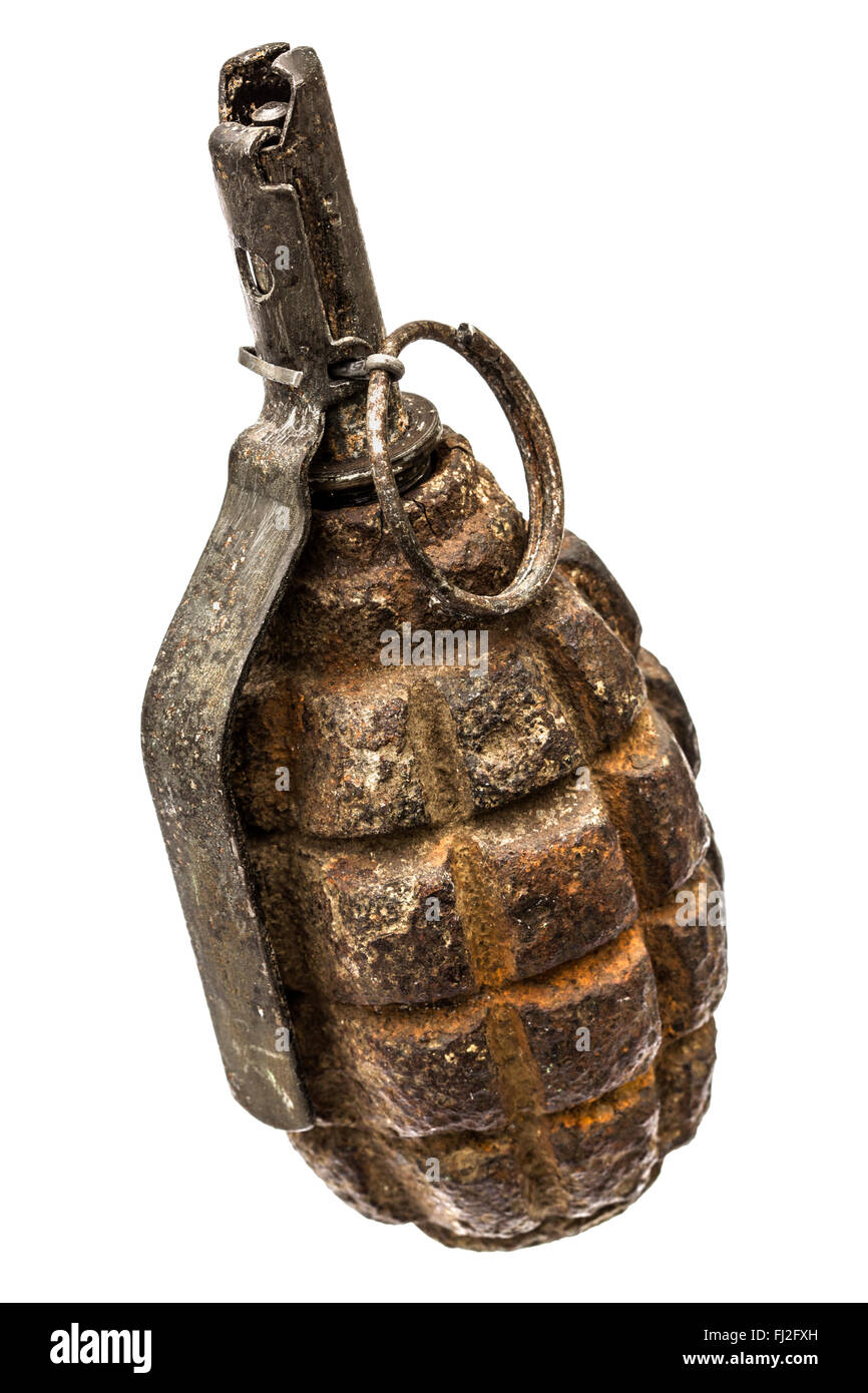 Old combat grenade isolated on a white background Stock Photo - Alamy