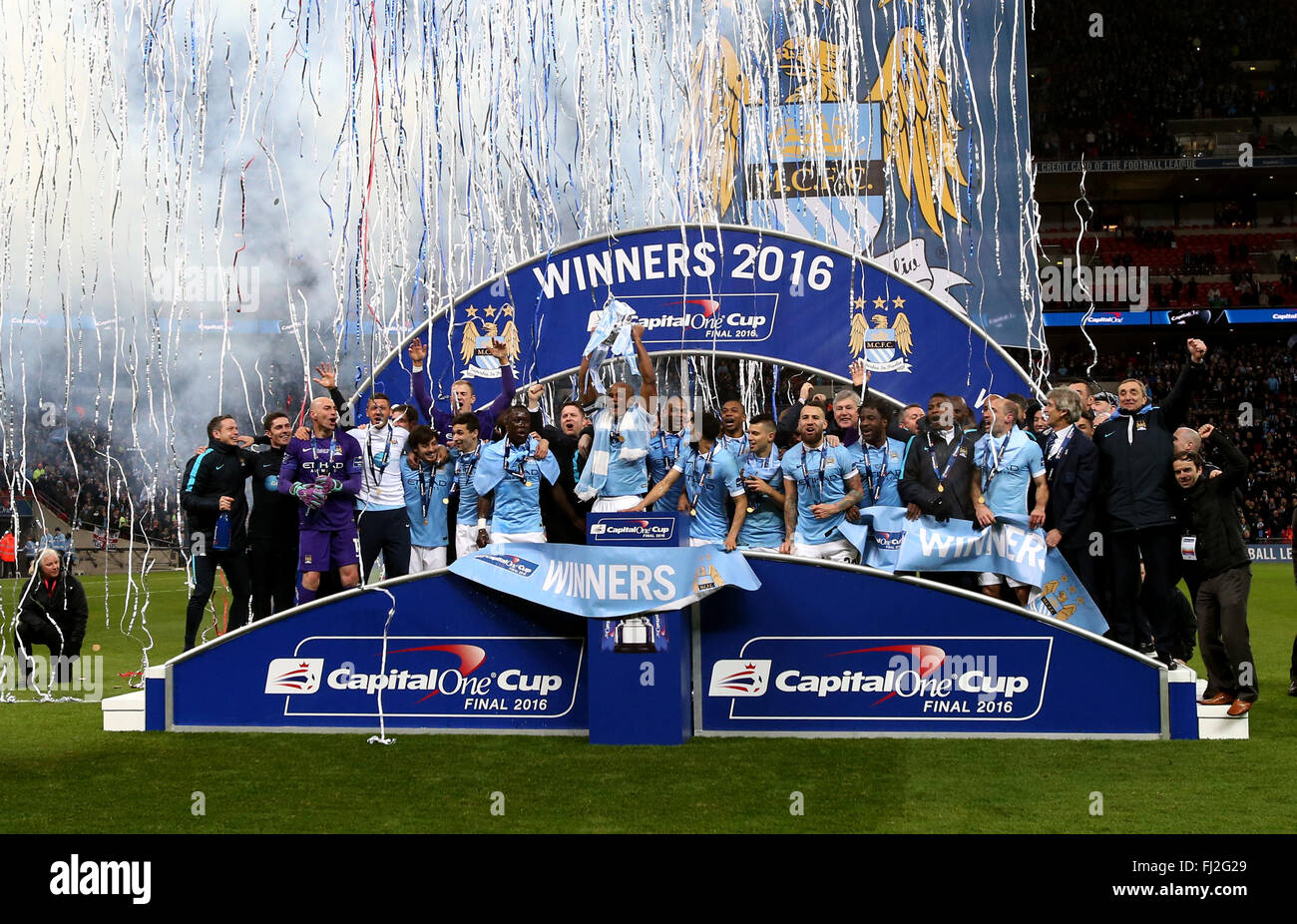 London, UK. 28th Feb, 2016. Manchester City players celebrate after ...