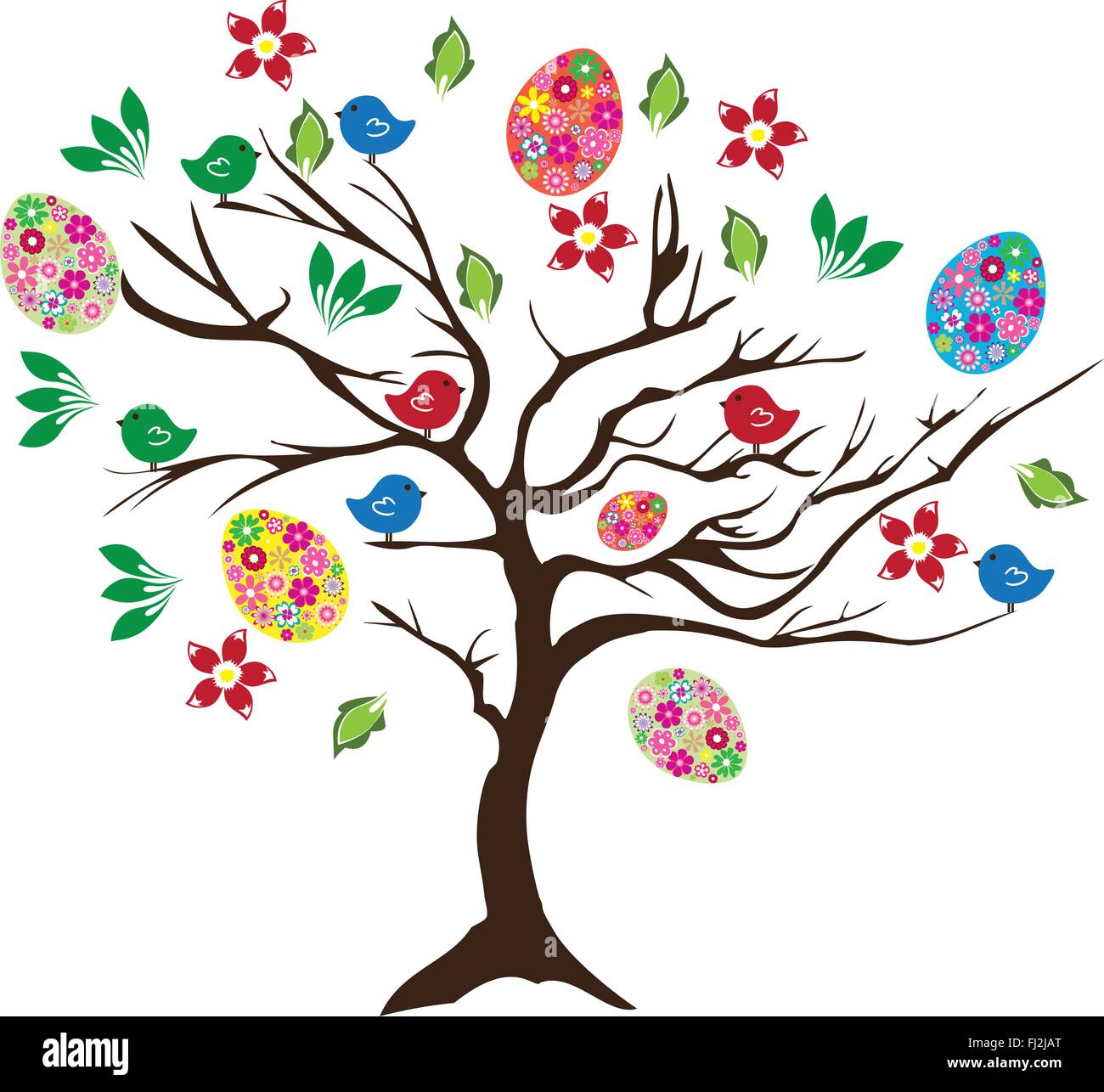 vector illustration of an Easter tree with eggs, birds and flowers ...