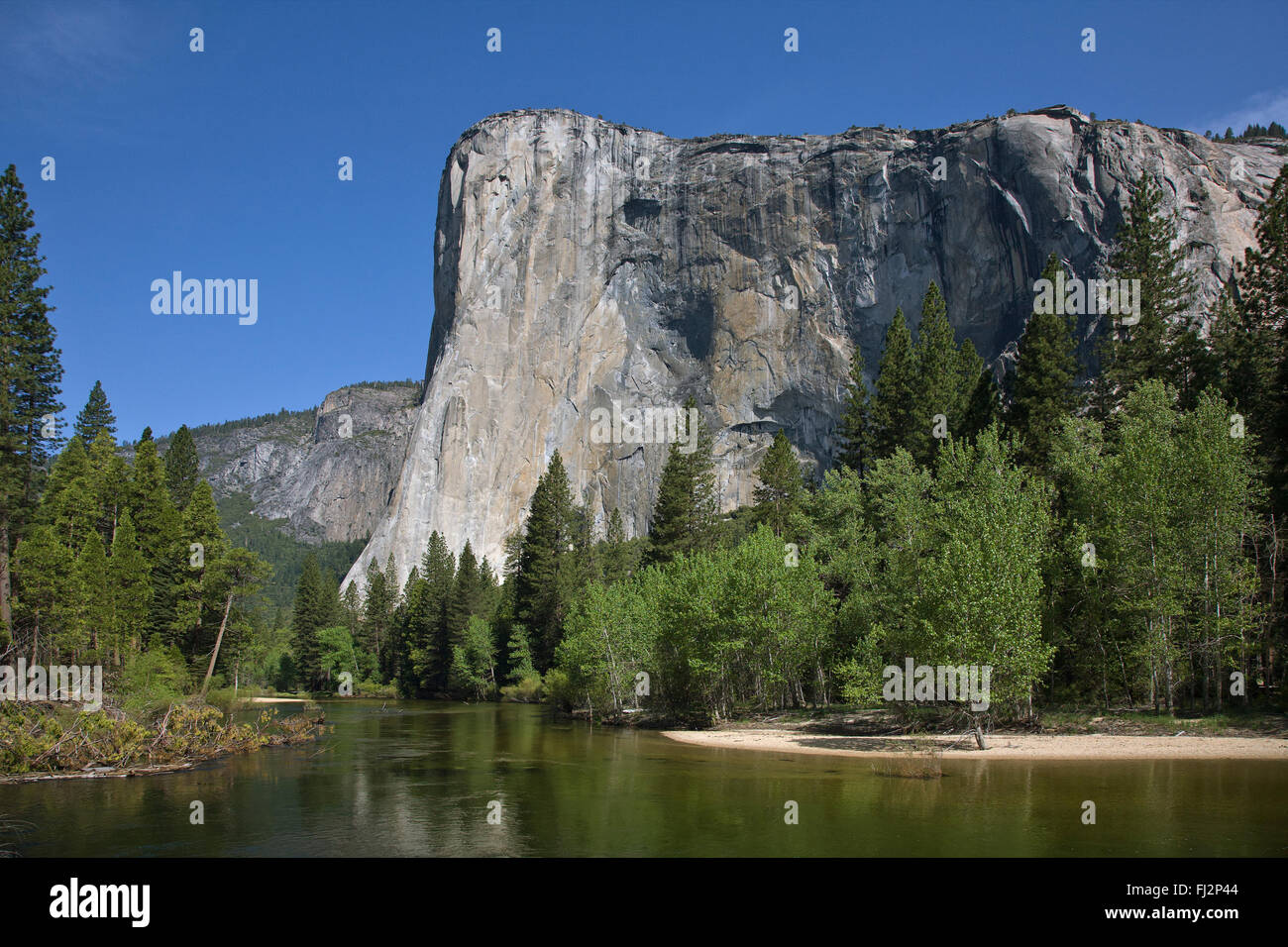 The MERCED RIVER flows below EL CAPITAN in the YOSEMITE VALLEY during ...