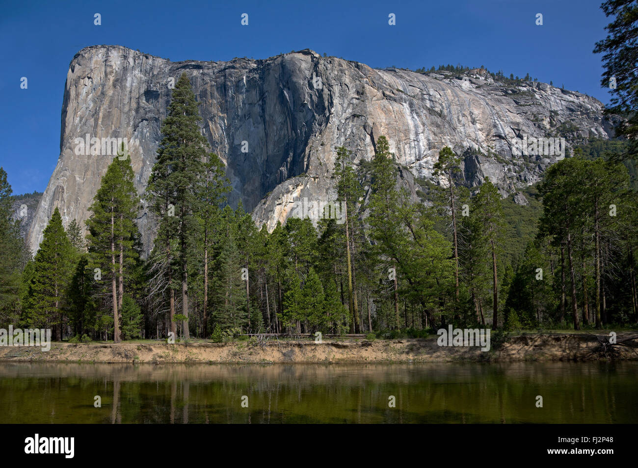 The MERCED RIVER flows below EL CAPITAN in the YOSEMITE VALLEY during ...