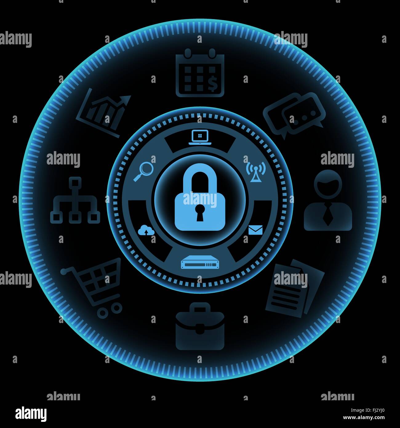 Blue touch screen interface with icons related to the information ...