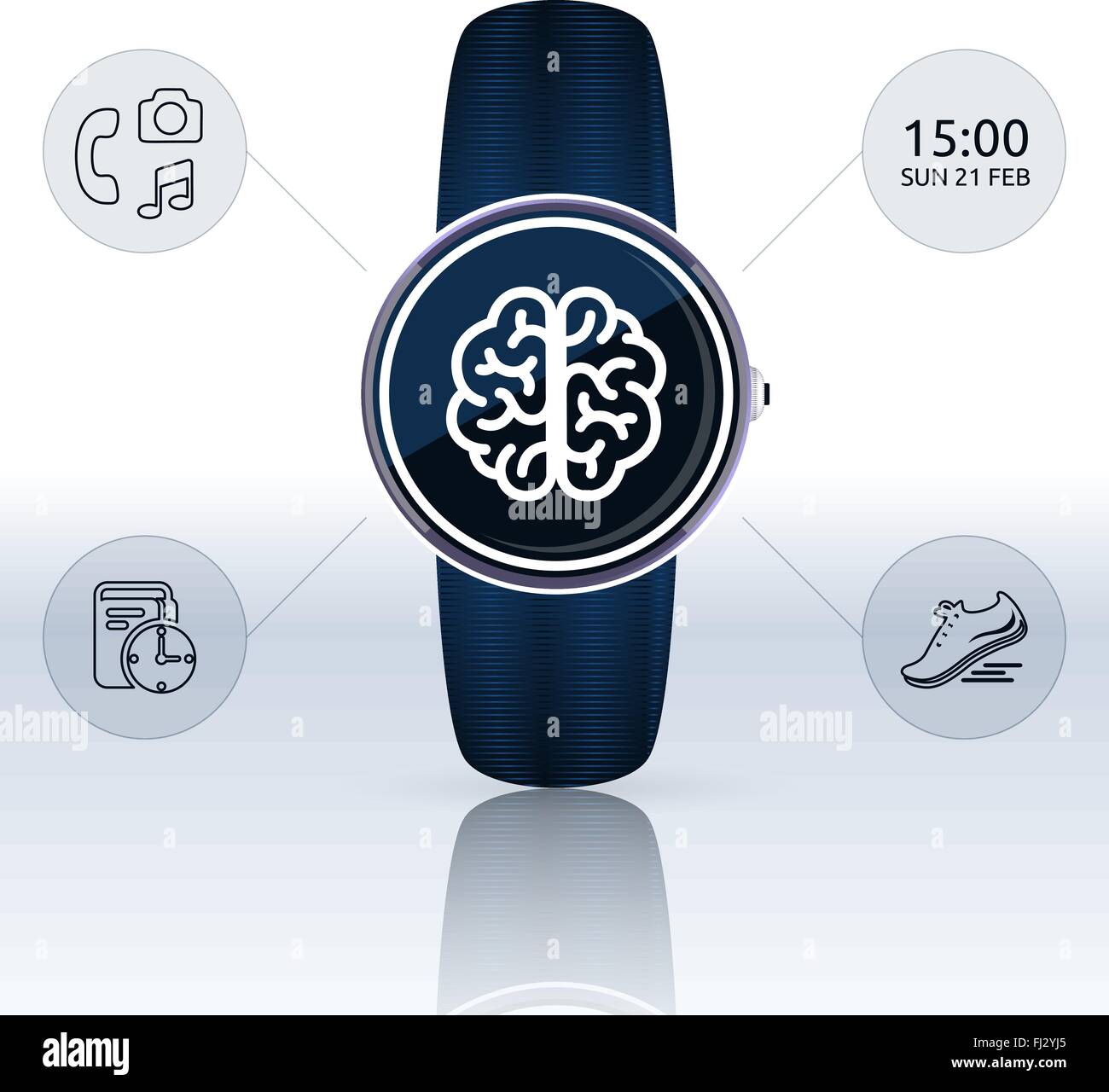 Blue round smart watch with the brain icon on the screen and icons of ...