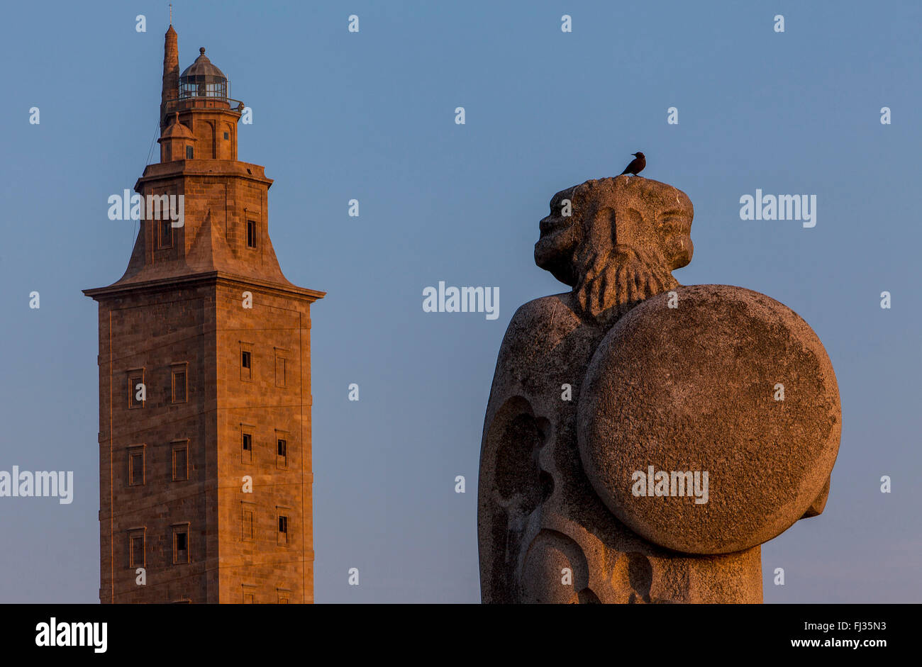 Breogan statue and Tower of Hercules, Roman lighthouse, Coruña city ...
