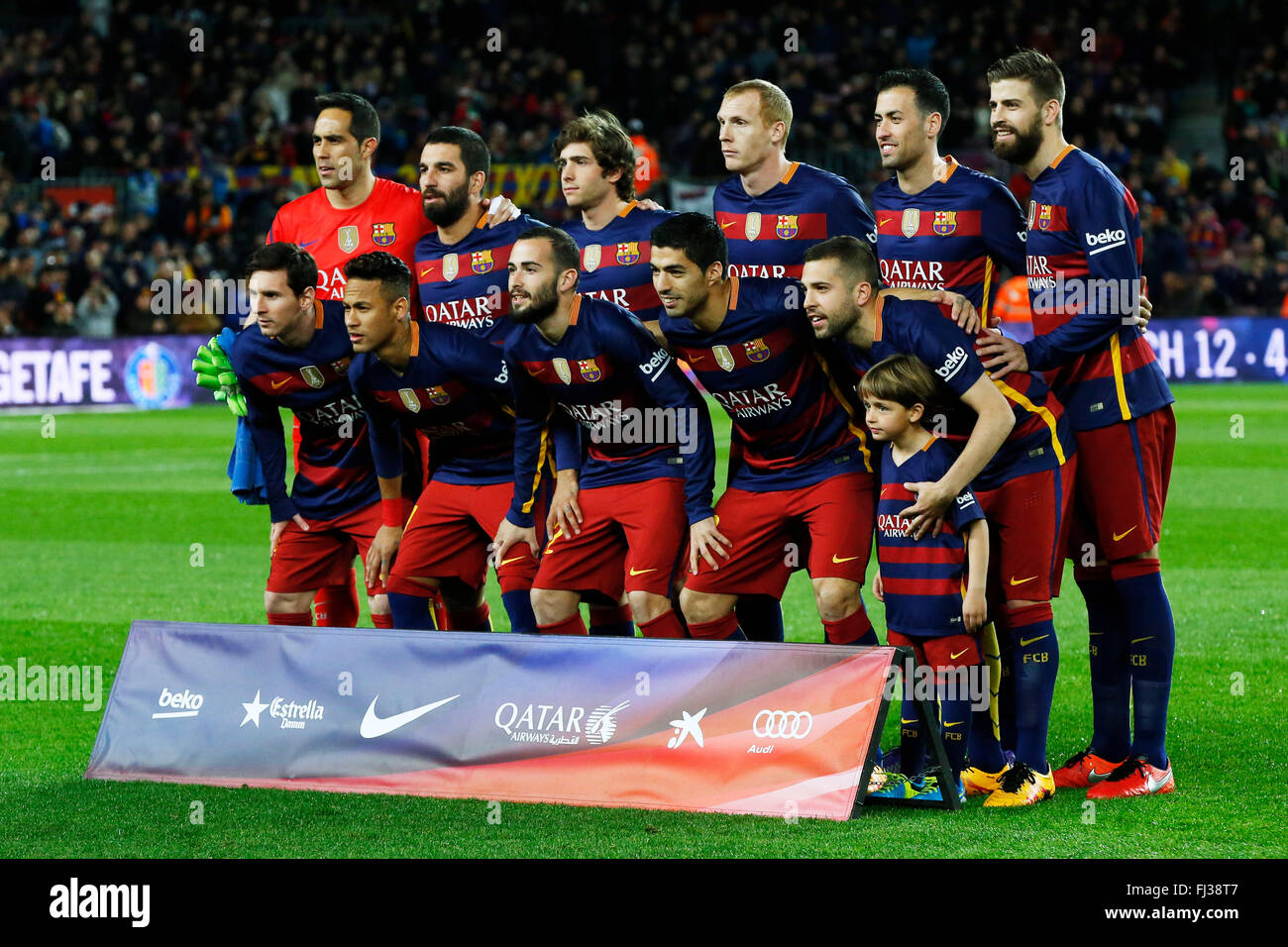 Barcelona, Spain. 28th February, 2016. Barcelona team group line-up ...