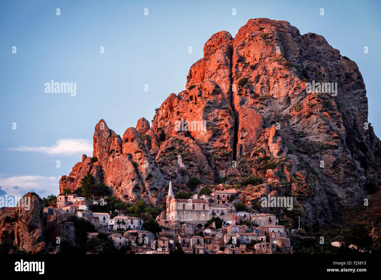 The rock and the ghost town of Pentedattilo, Calabria, Italy Stock ...