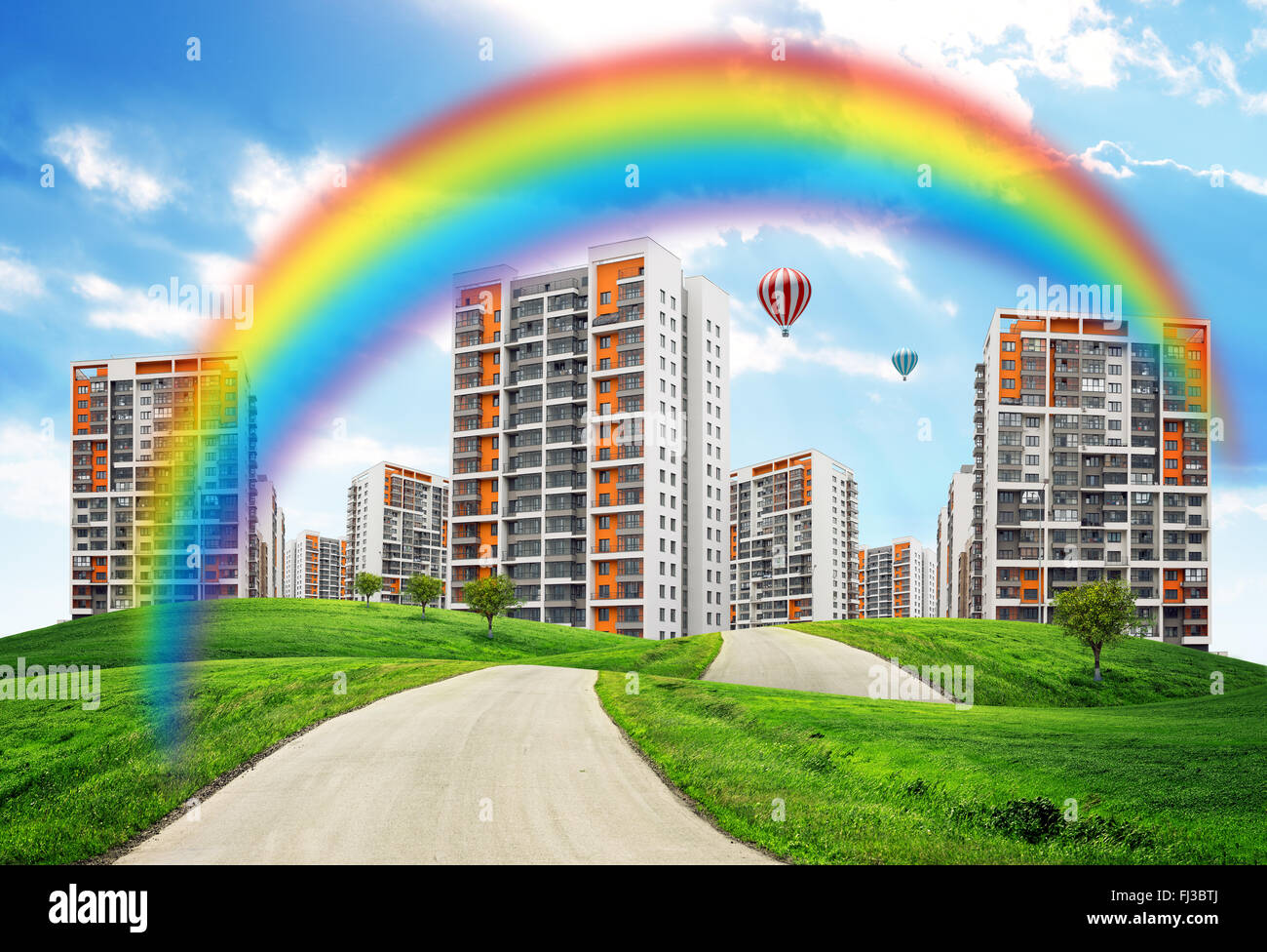 City on field with road Stock Photo - Alamy