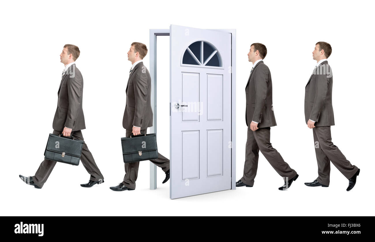 Line of businessmen going through door Stock Photo - Alamy