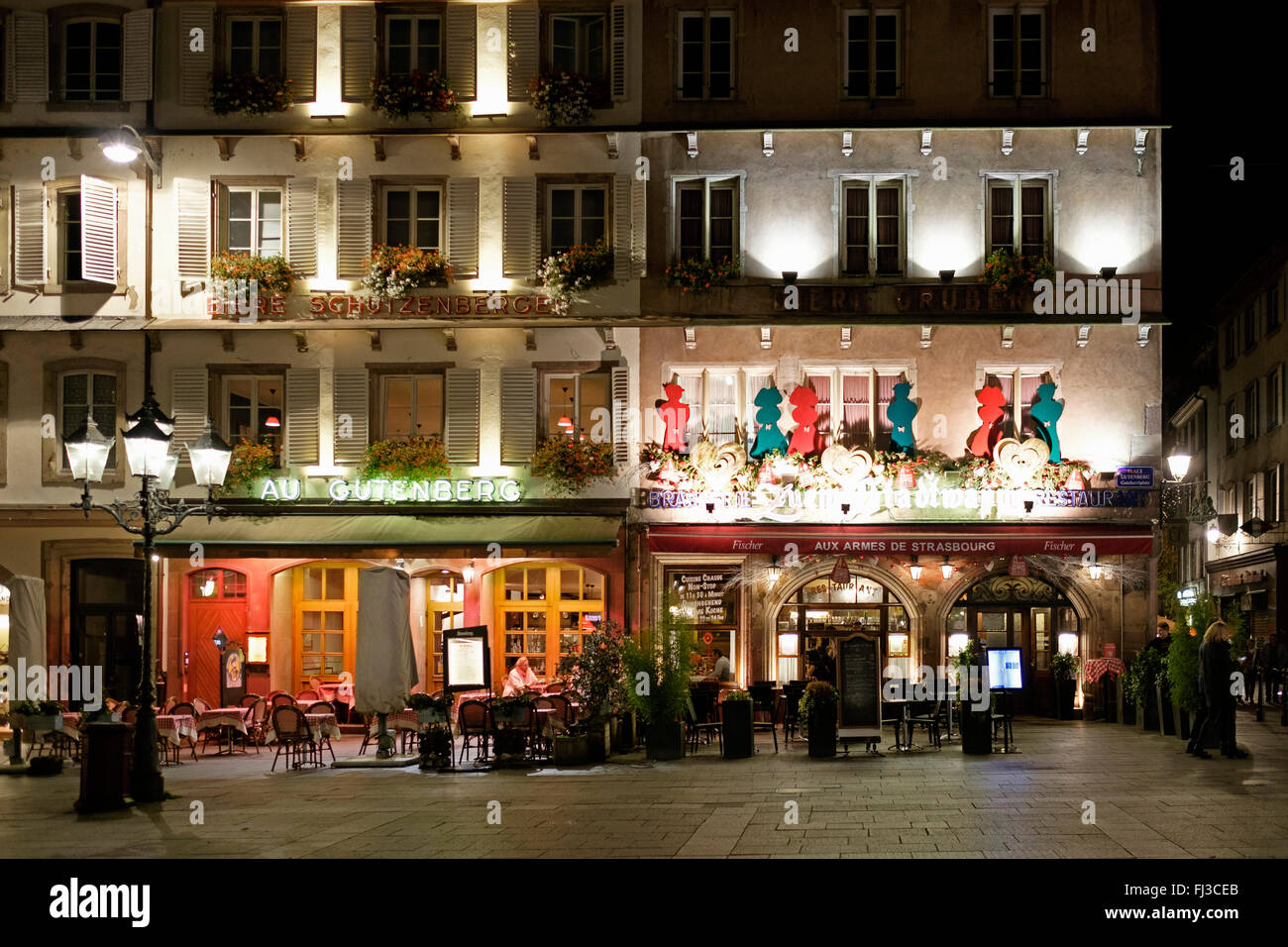 Restaurant terraces Strasbourg, Place Gutenberg square, night ...