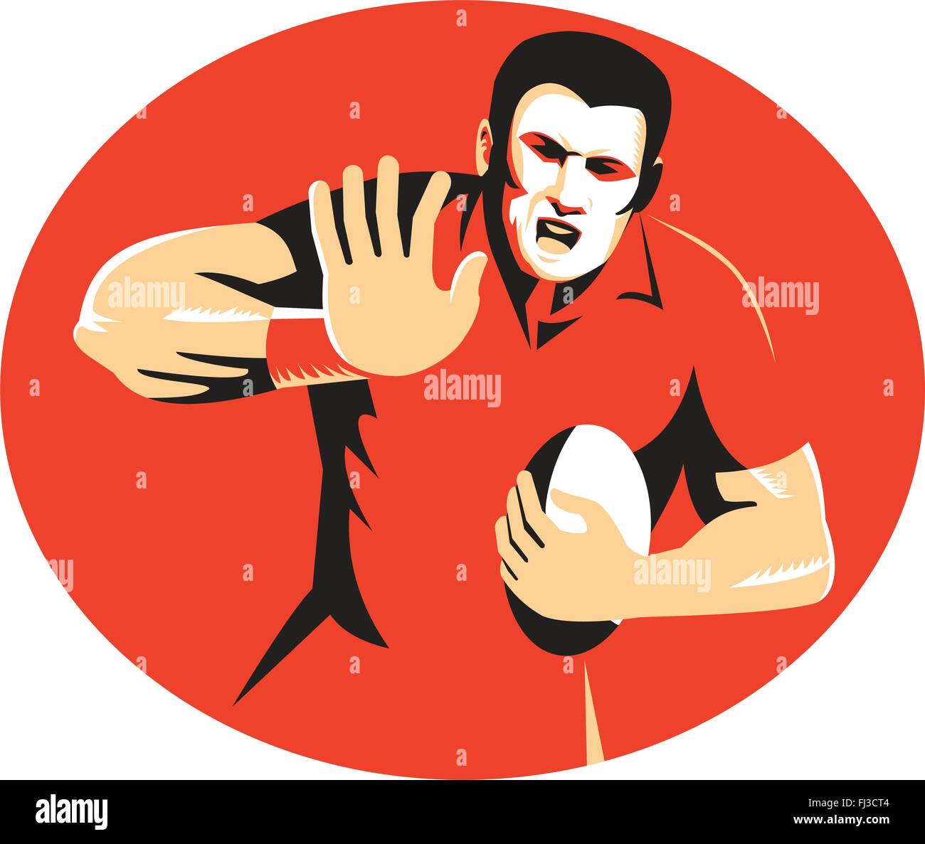 vector illustration of a rugby player with ball fending off done in ...