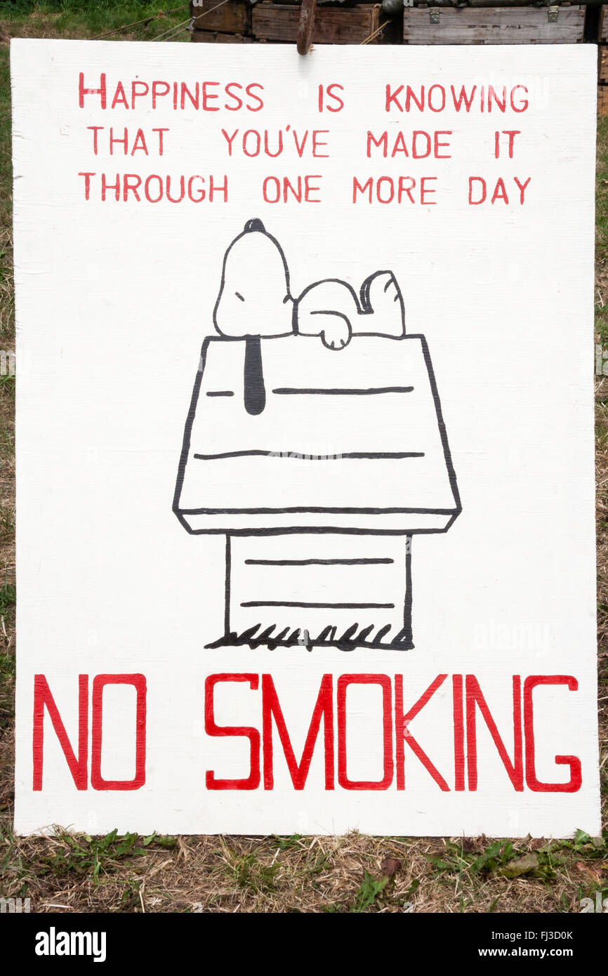 Snoopy cartoon sign picture with caption. "No smoking" and "Happiness ...