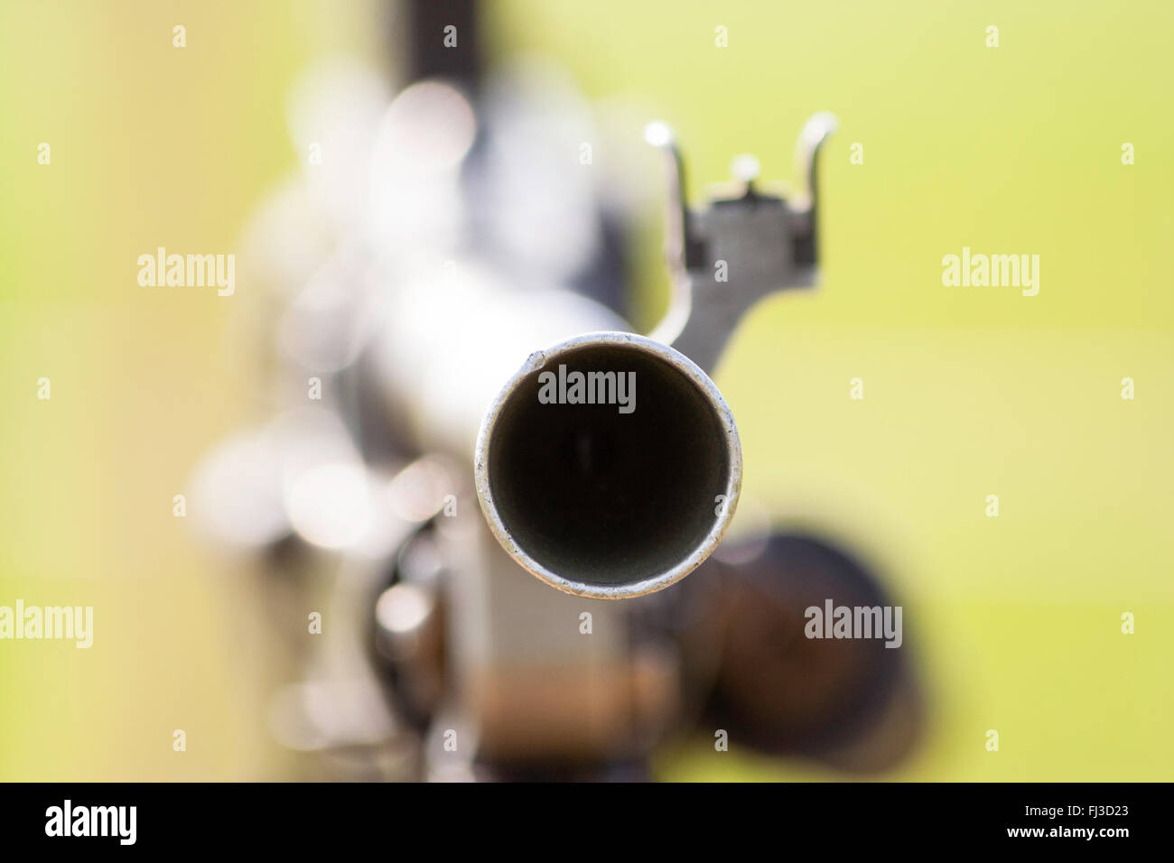 British army Bren gun. View along the barrel from the front. Focus on ...