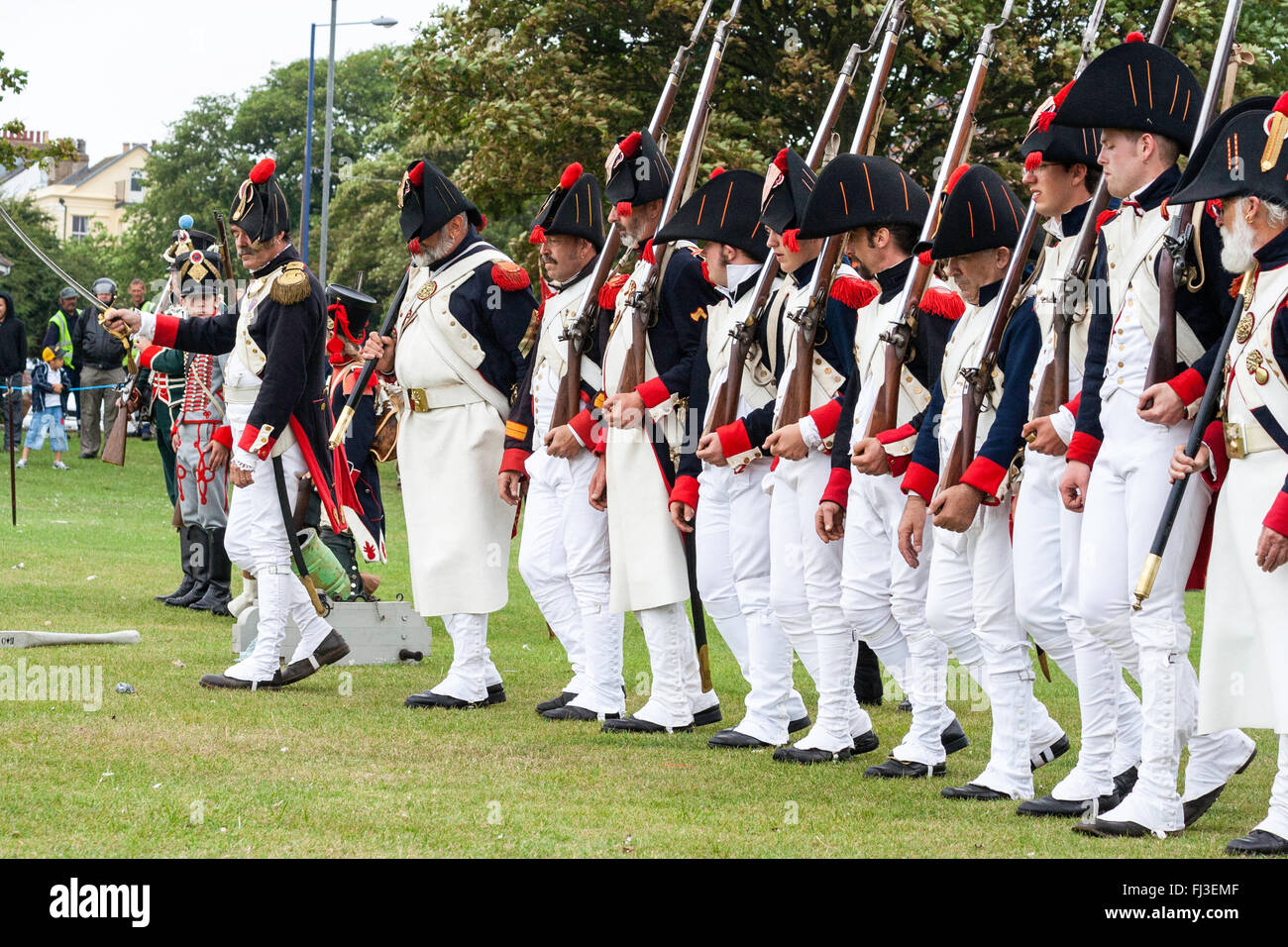 Napoleonic war re-enactment. French Imperial Guards advancing in line ...