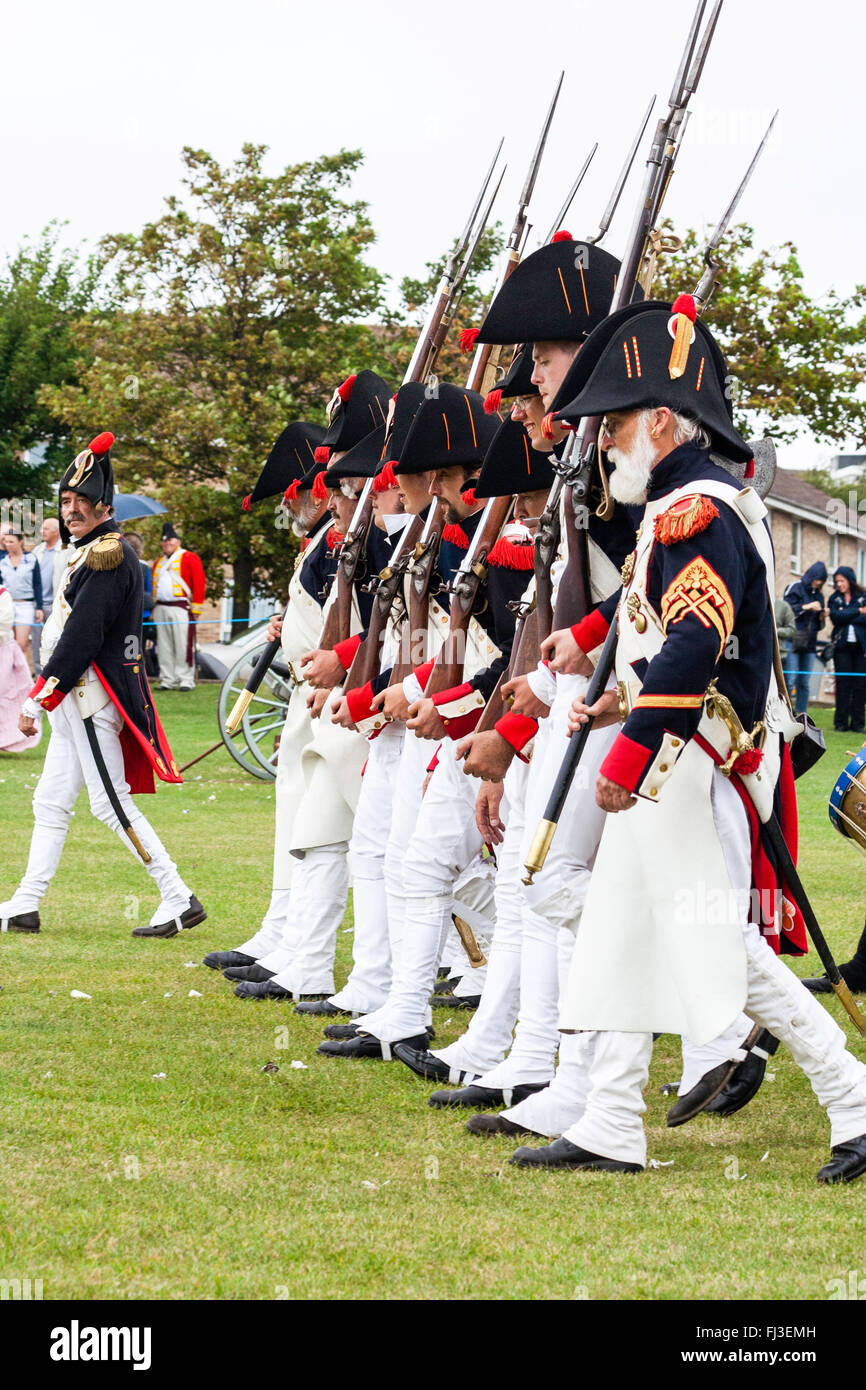 Napoleonic war re-enactment. French Imperial Guards advancing in line ...