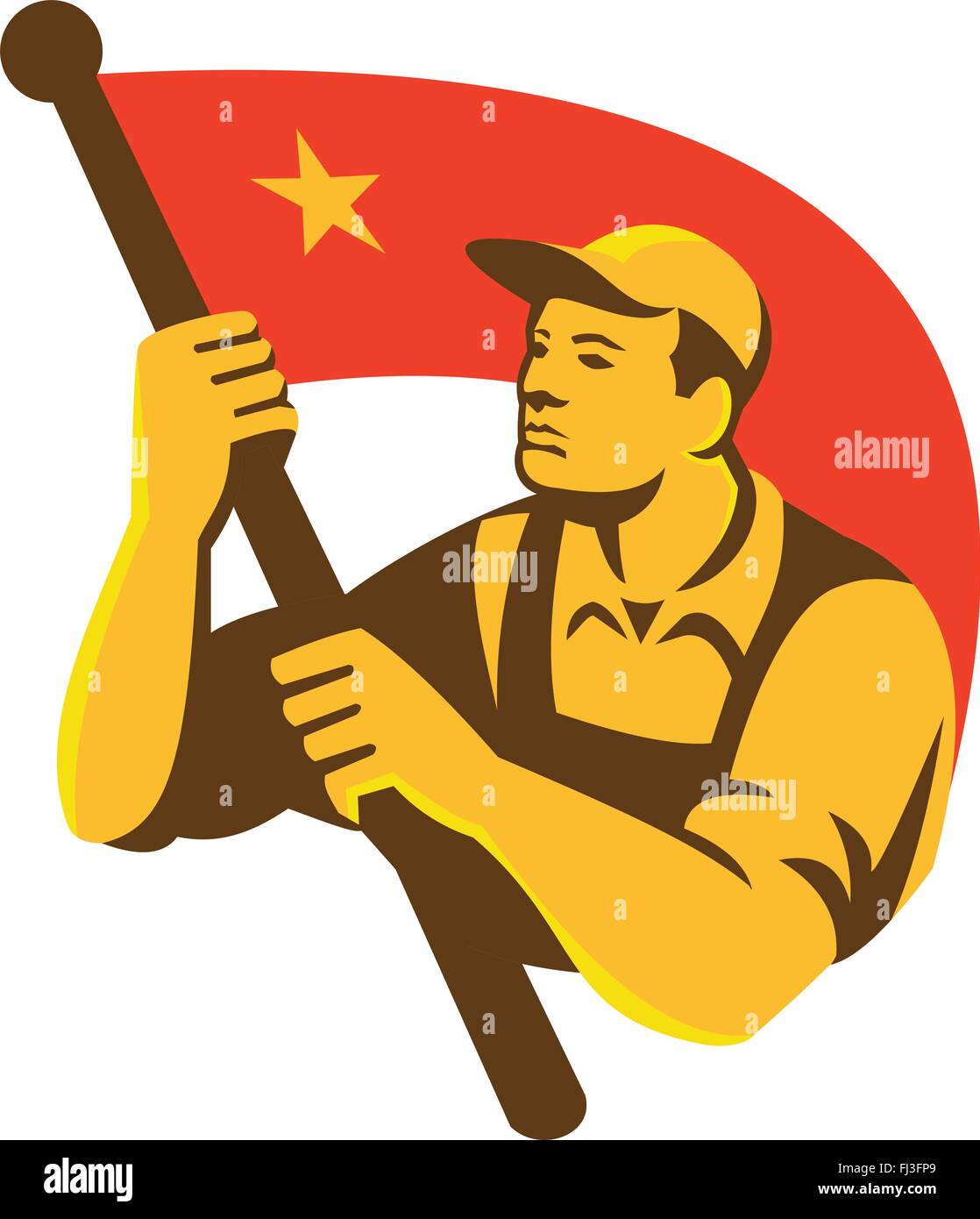 Illustration of a Chinese Communist worker holding waving red flag with ...