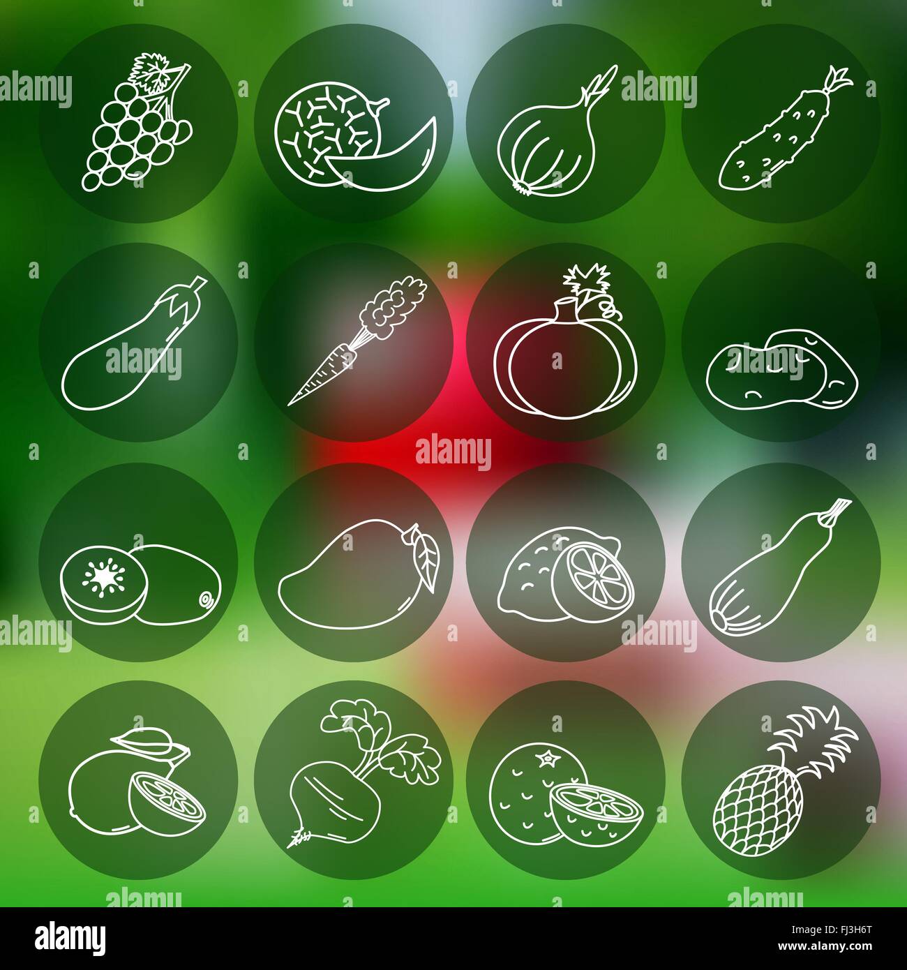 Thin line icons of different fruits and vegetables on mesh background ...