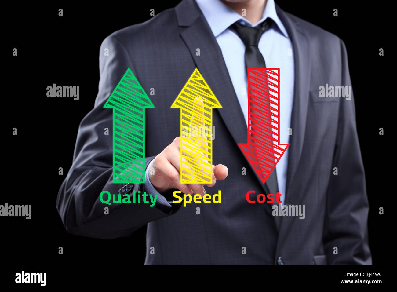 business man writing industrial product concept of increased quality ...