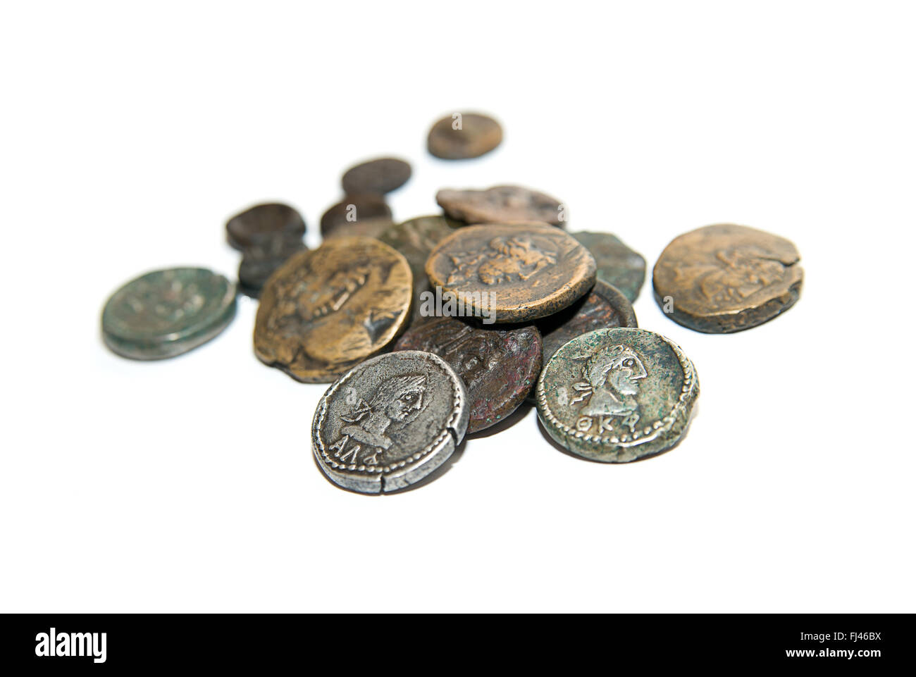A lot of old coins with portraits of kings on a white background Stock ...