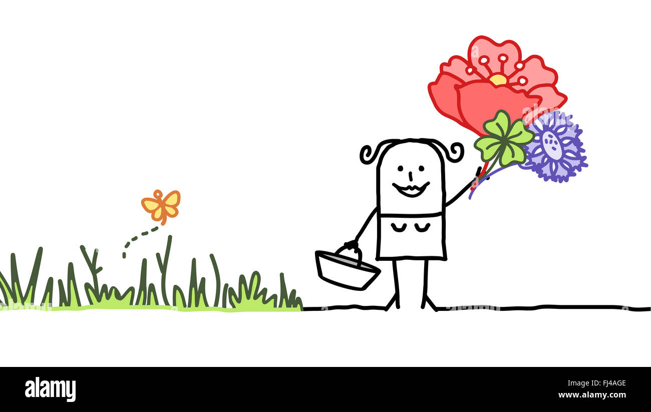 cartoon woman and flowers picking Stock Photo - Alamy