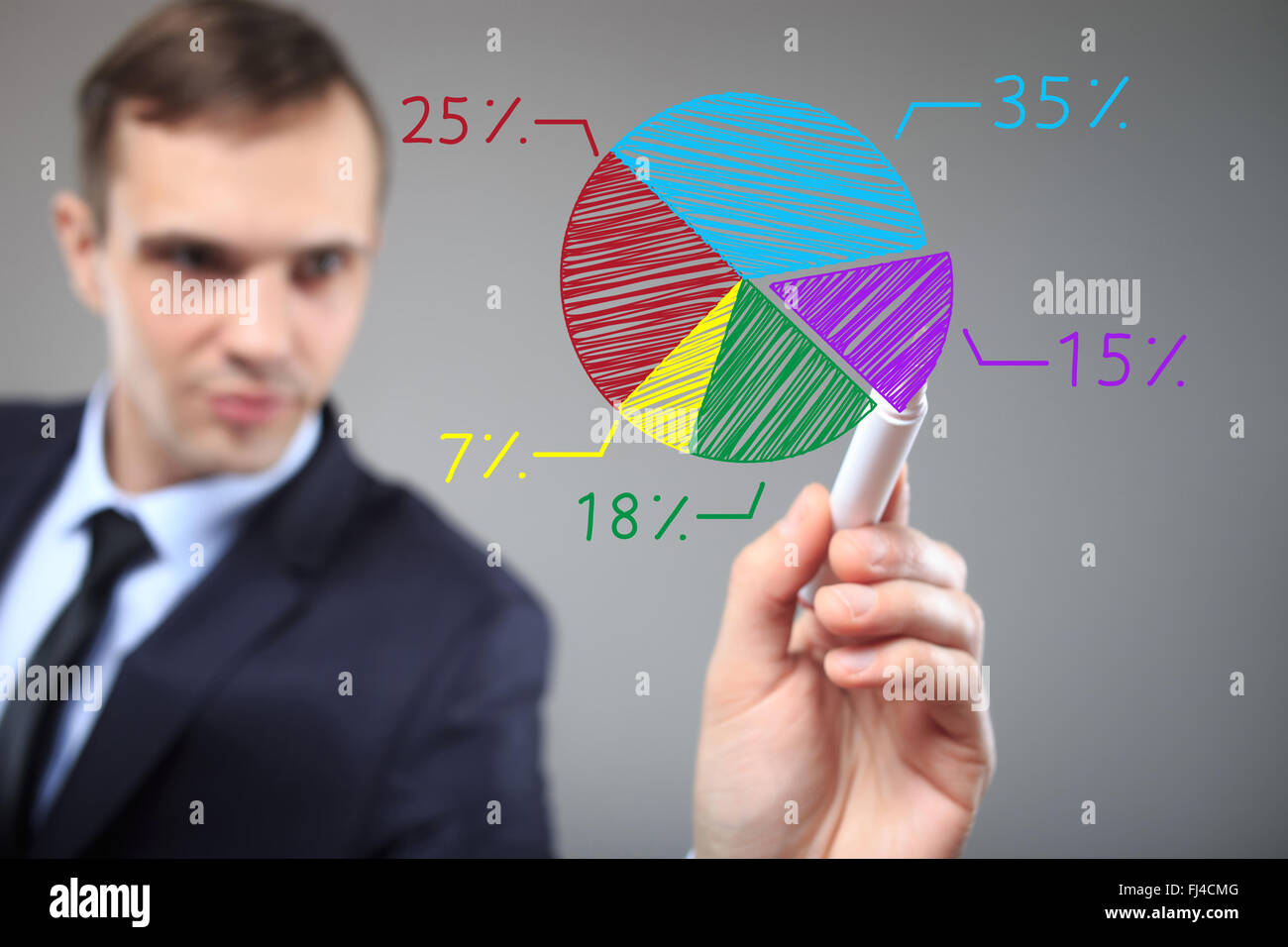 businessman drawing a colorful pie chart graph. Business, technology ...