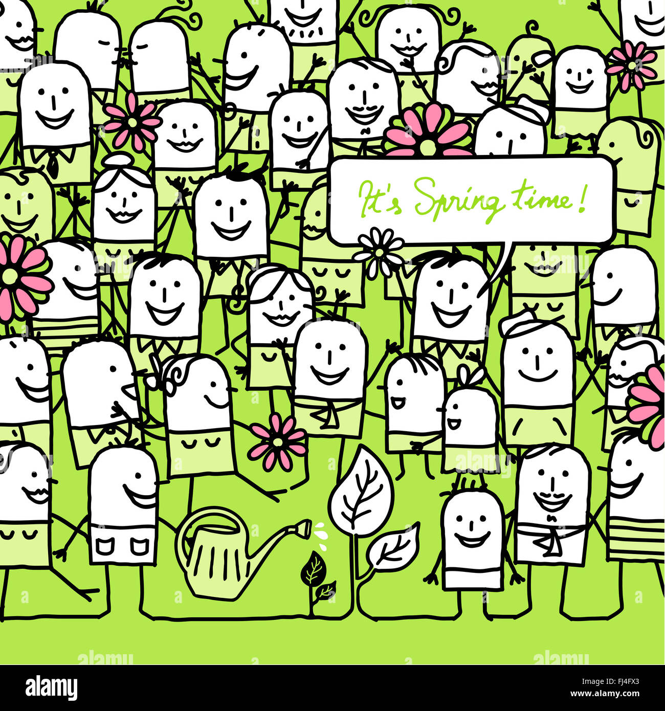 cartoon people and happy spring card Stock Photo - Alamy