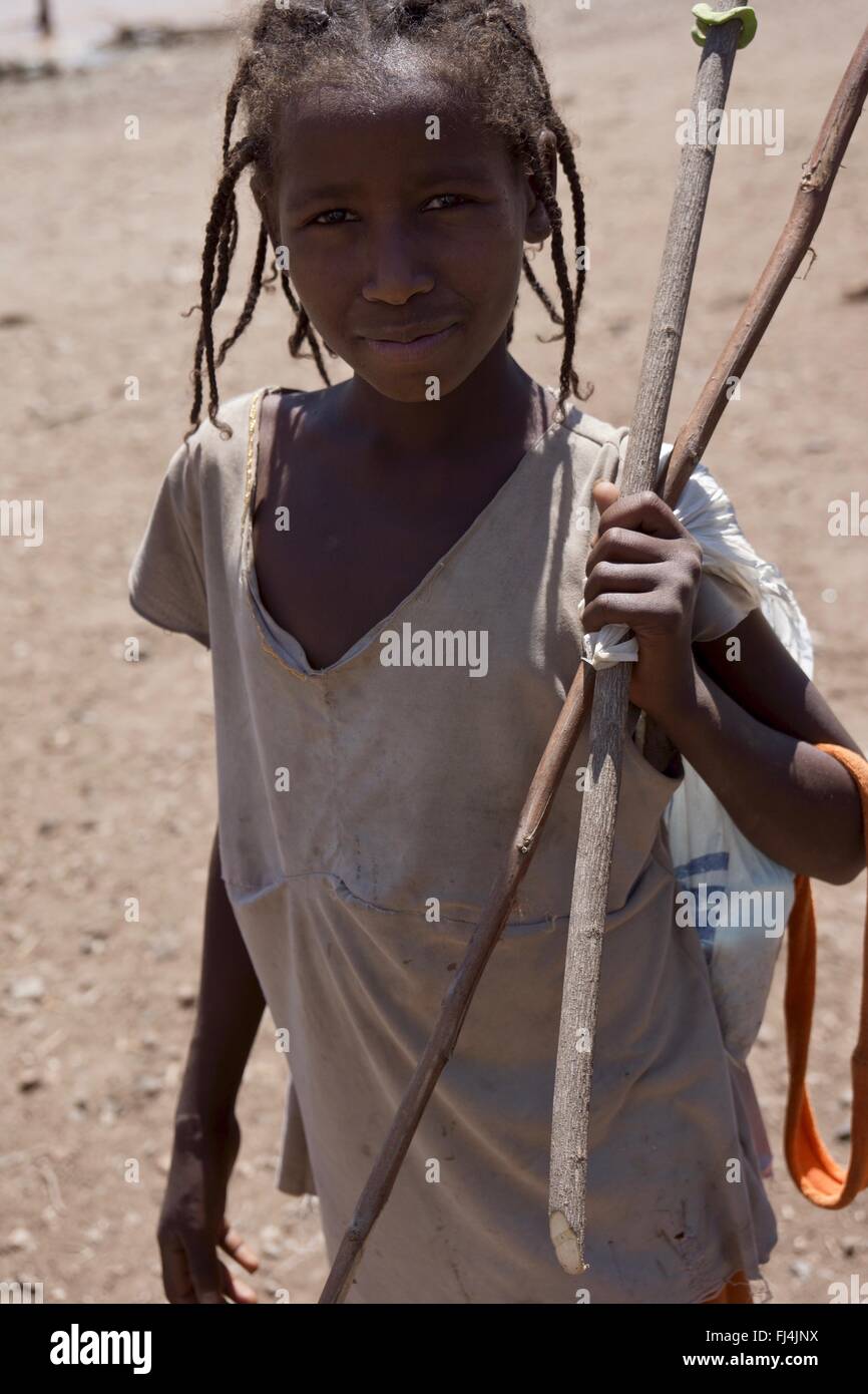 Girl tending animals carrying sticks Stock Photo - Alamy