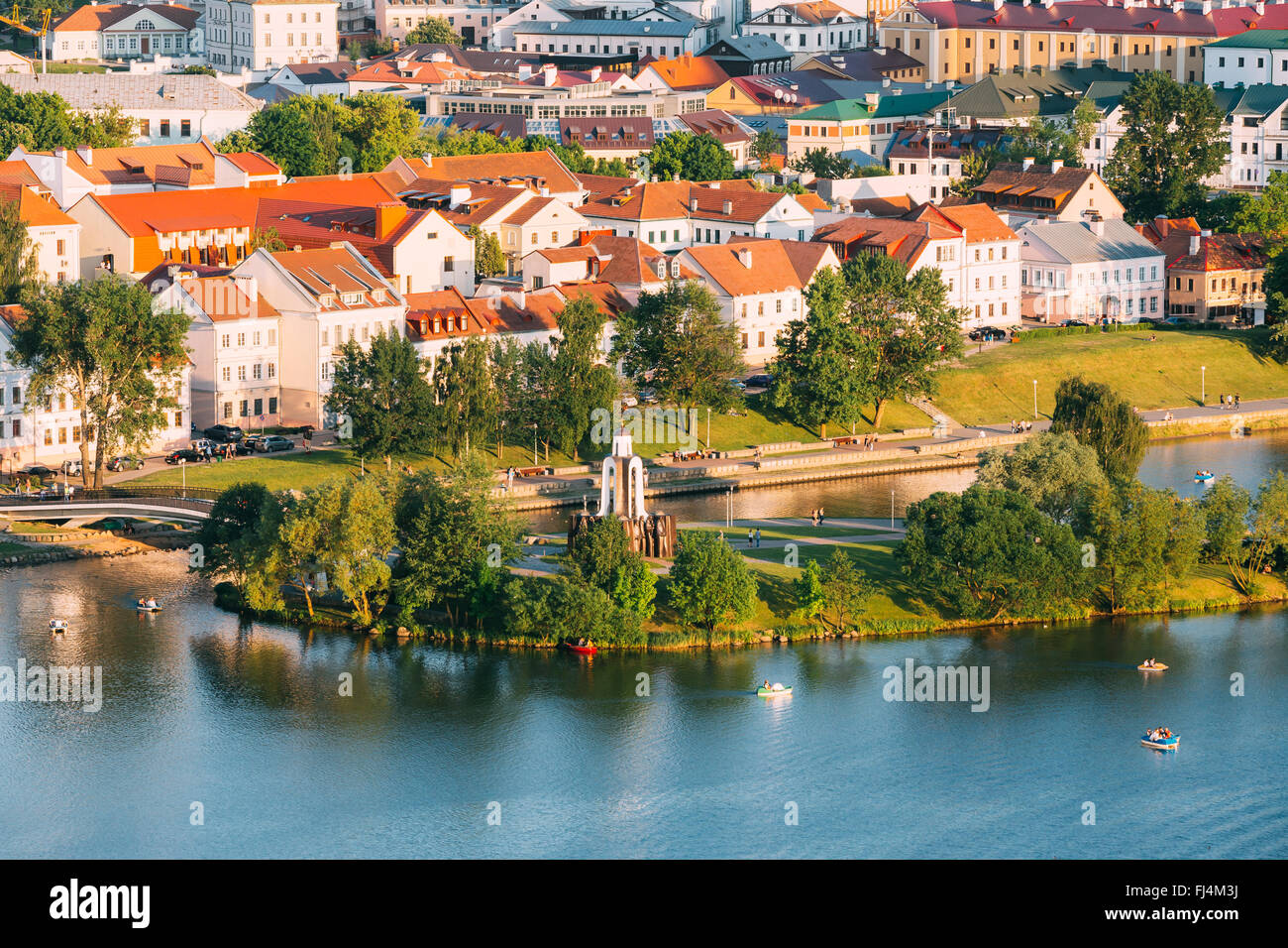 Cityscape of Minsk, Belarus. Summer season, sunset time. Nemiga ...