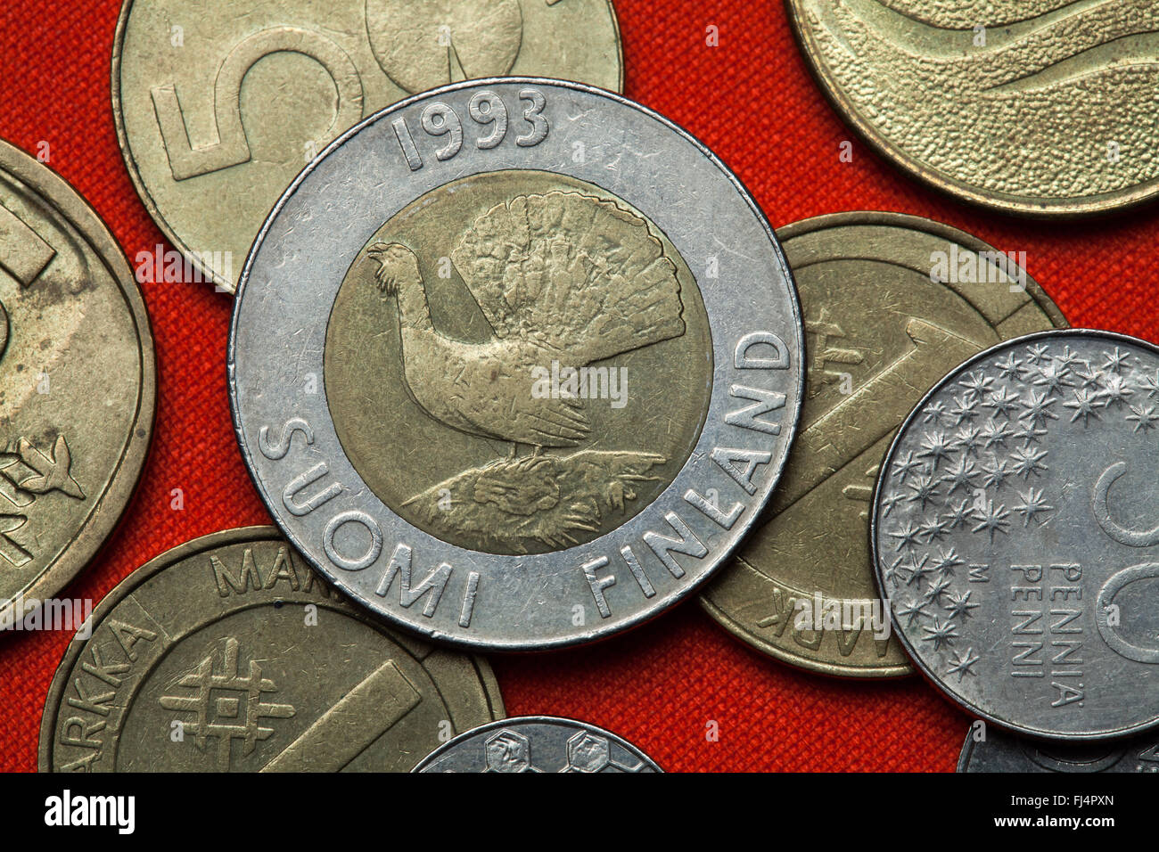 Coins of Finland. Wood grouse (Tetrao urogallus) depicted in the ...