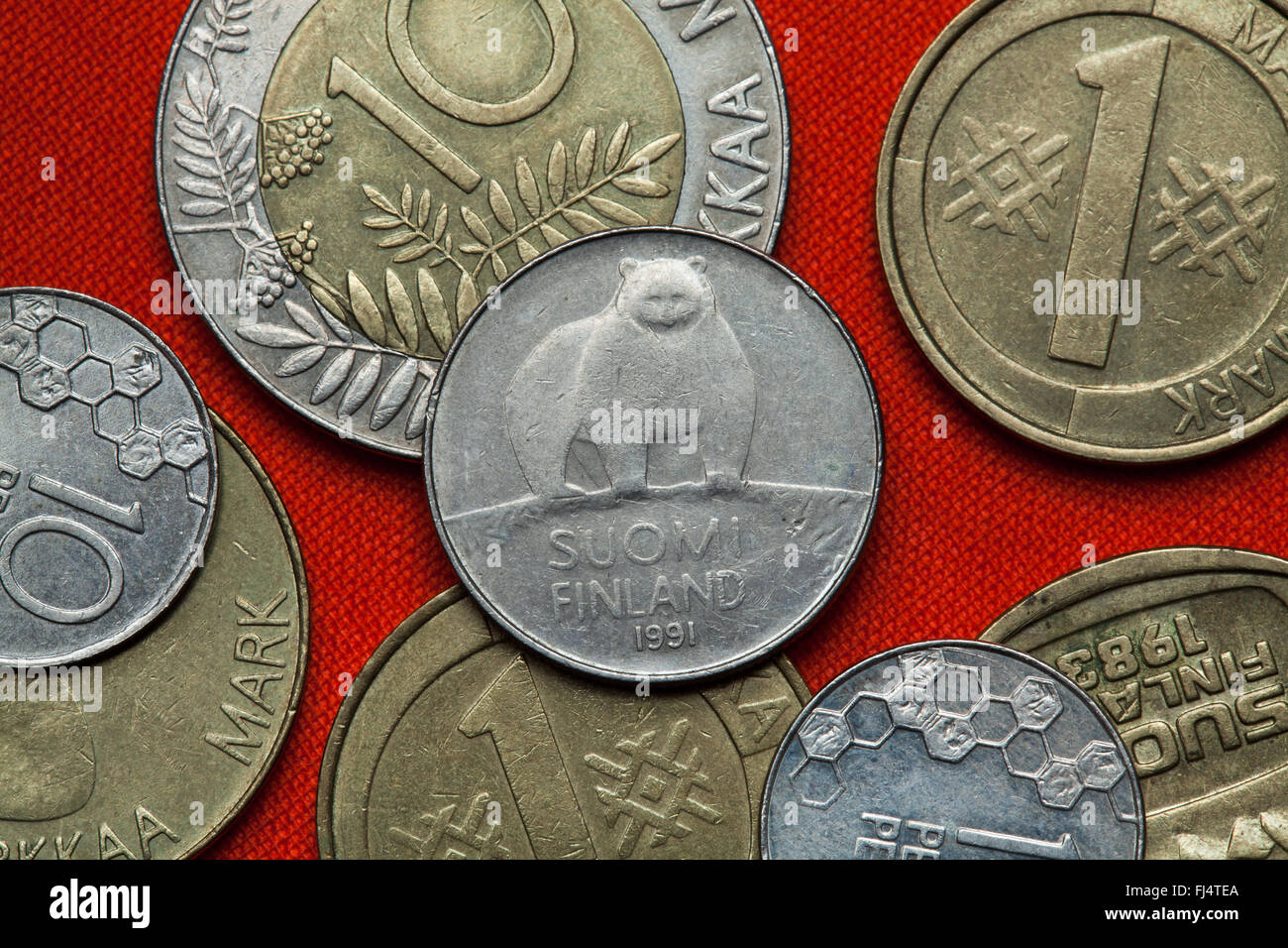 Coins of Finland. Brown bear (Ursus arctos) depicted in the Finnish 50 ...